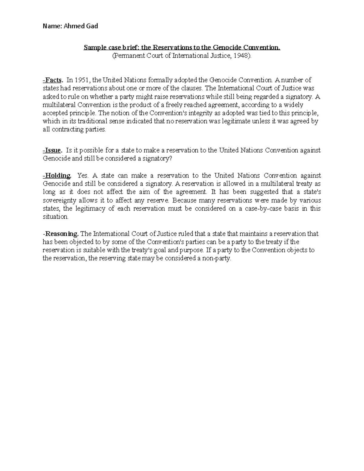 Case brief Of Genocide - Name: Ahmed Gad Sample case brief: the ...