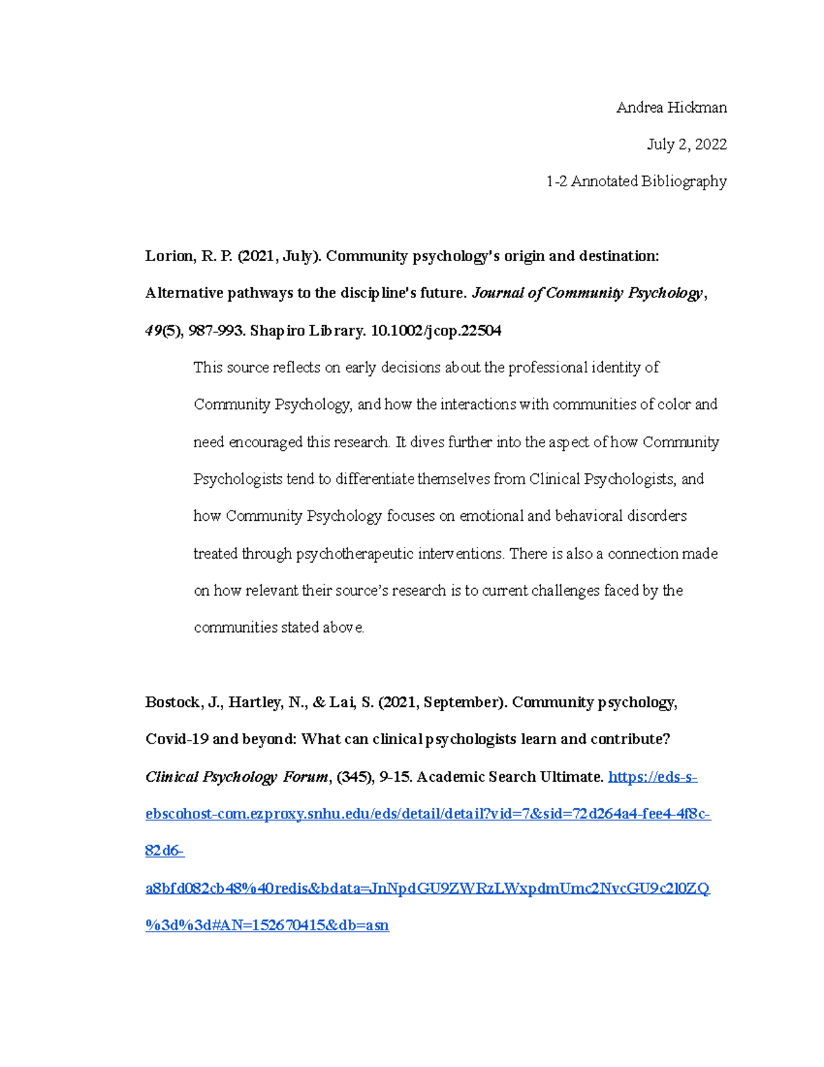 1-2 Annotated Bibliography: Community Psychology—Definition and ...