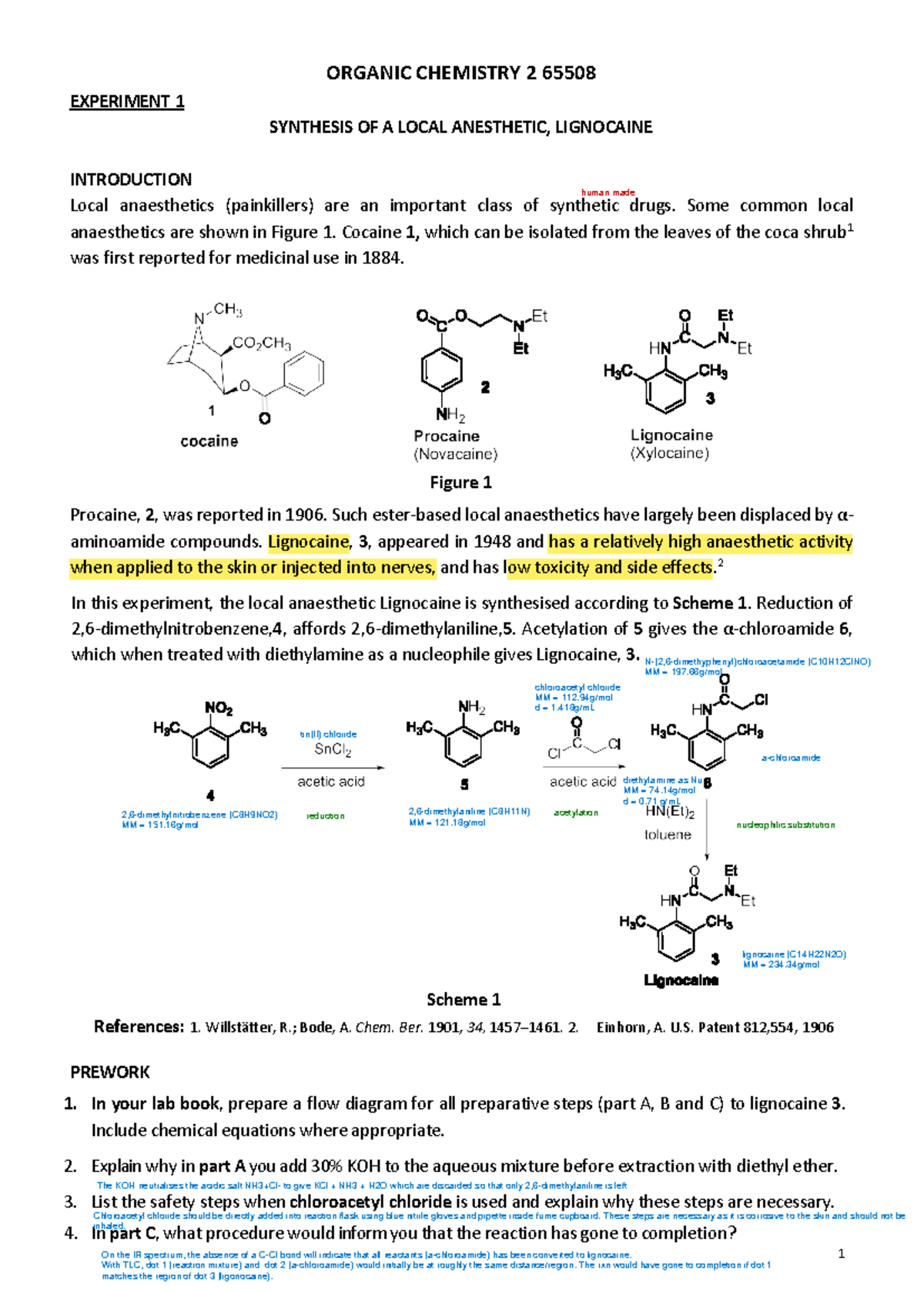 E1 - Synthesis of Lignocaine - 1 ORGANIC CHEMISTRY 2 65508 EXPERIMENT 1 SYNTHESIS OF A LOCAL ...