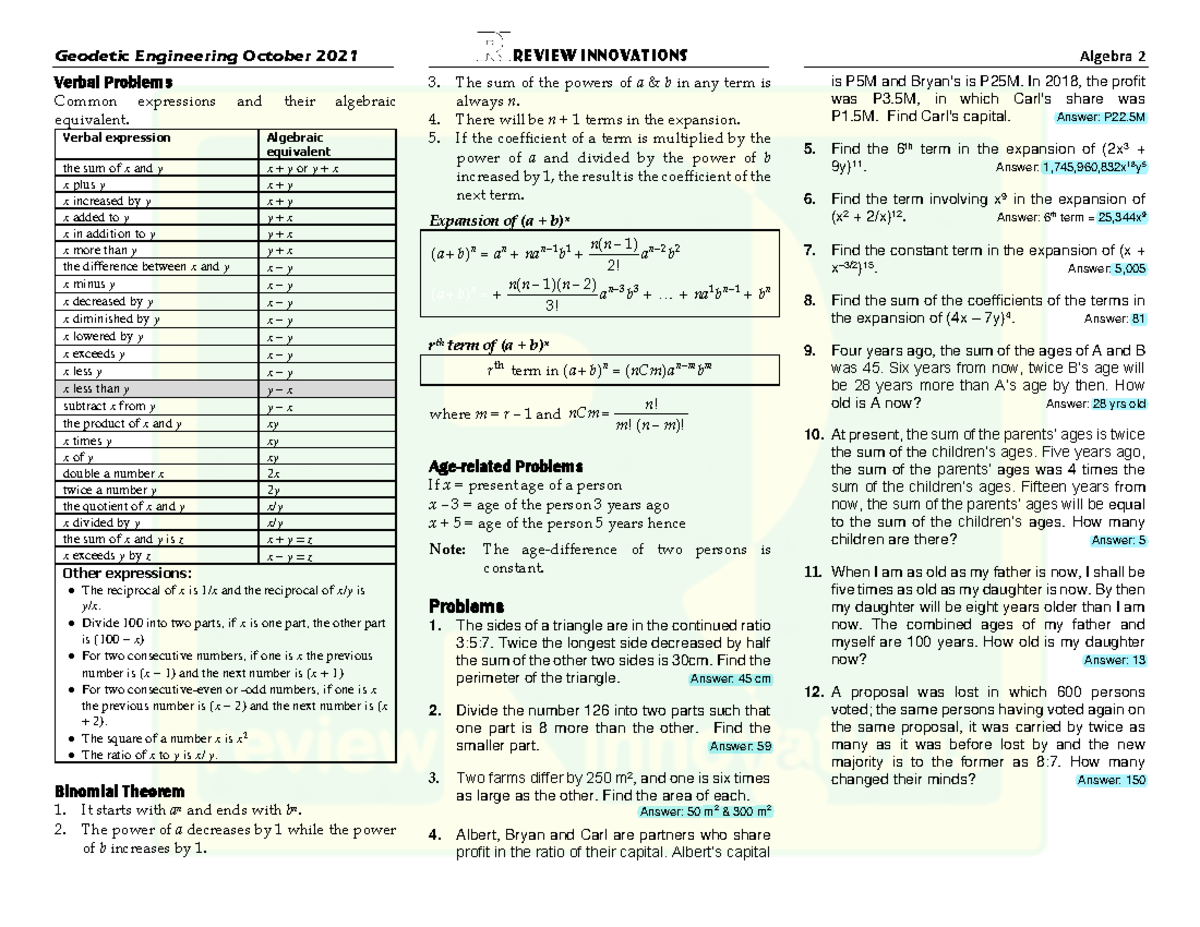 College Algebra 2 - Geodetic Engineering October 2021 Review ...