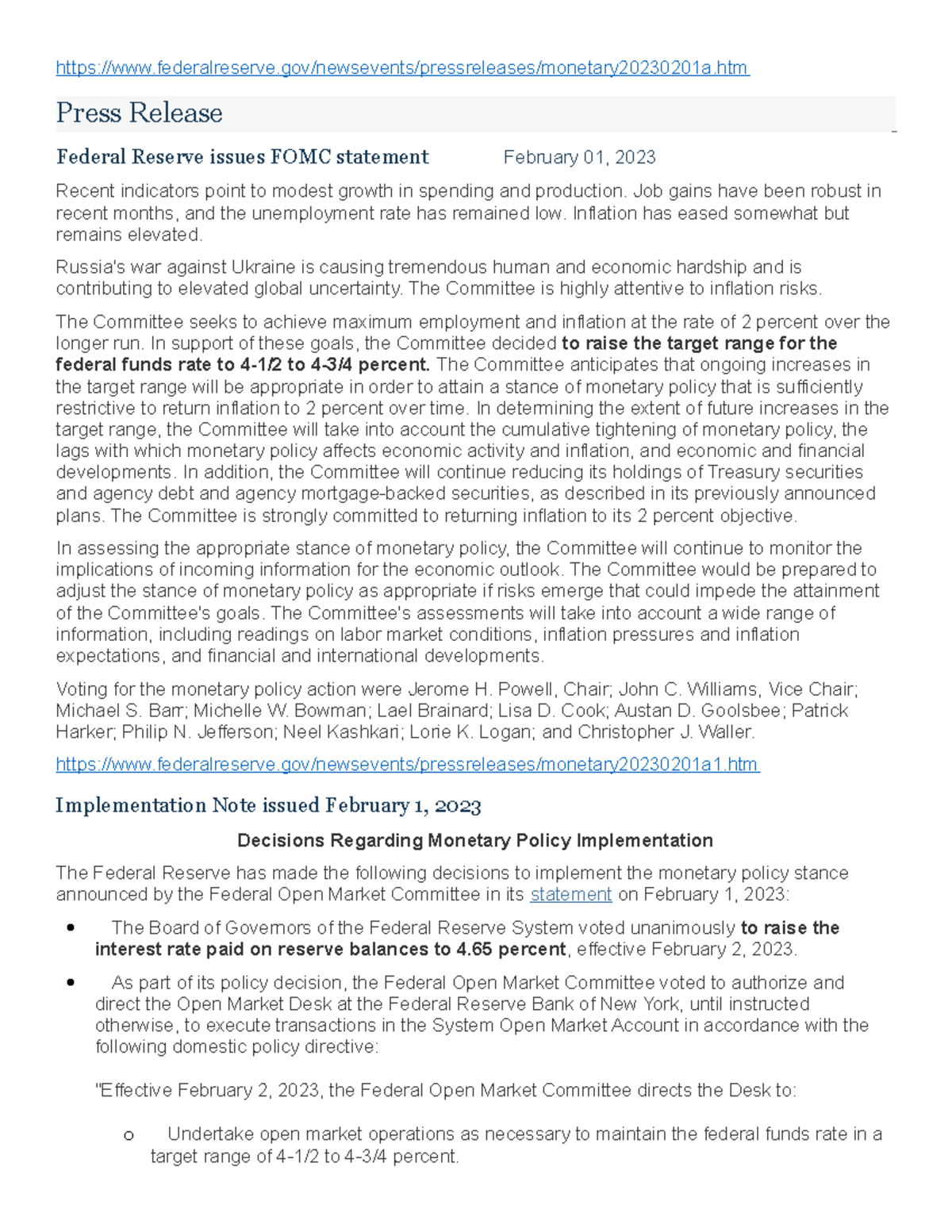 FOMC statement 2-2023 - eco 9713 - federalreserve/newsevents ...