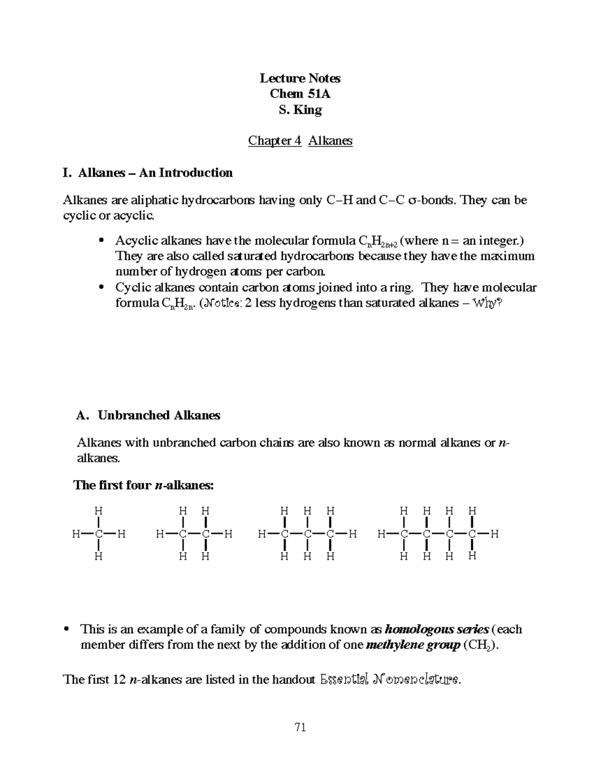 Alkane - Lecture Notes Chem 51A S. King Chapter 4 Alkanes I. Alkanes ...