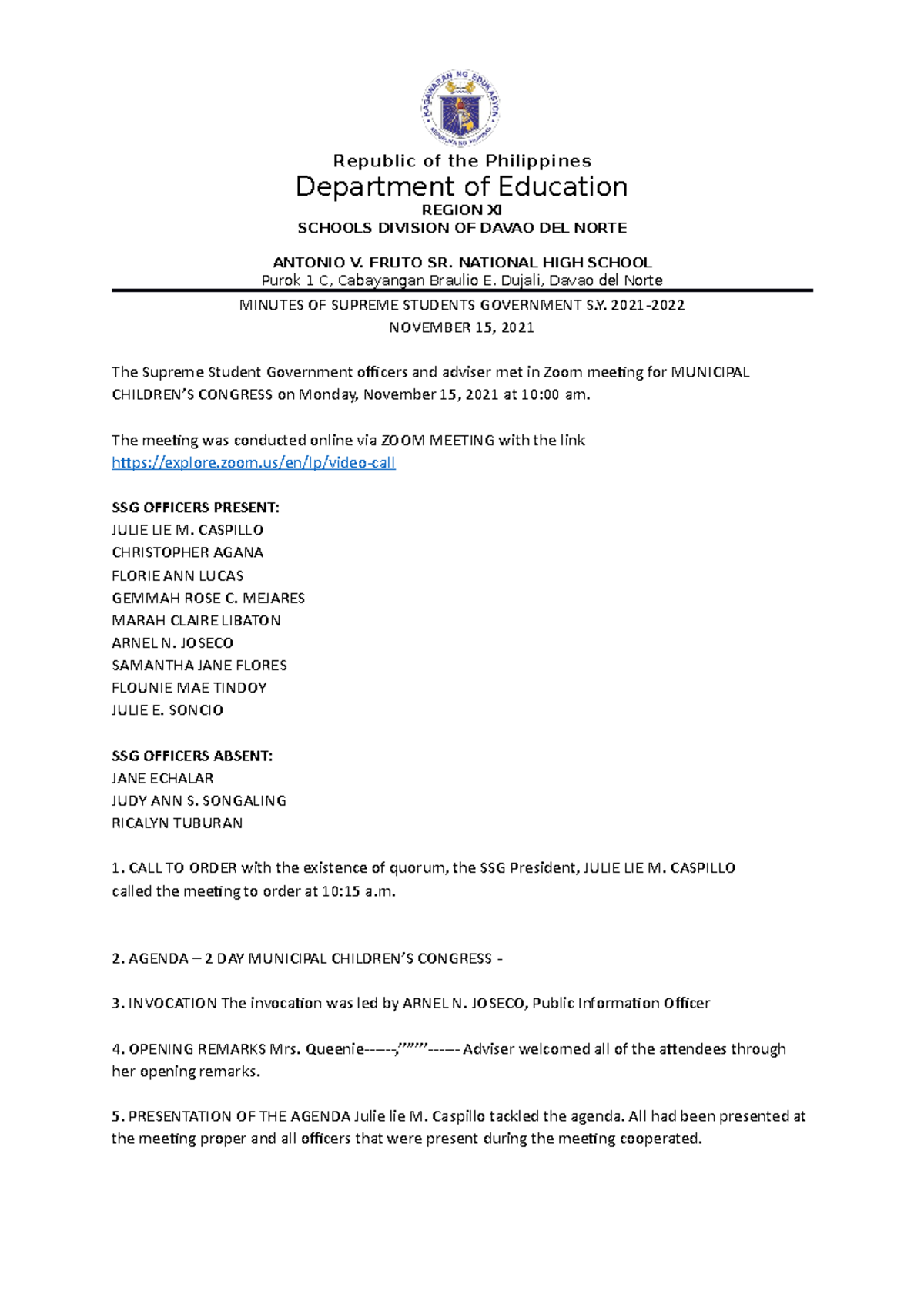 SSG Minutes Republic Of The Philippines Department Of Education