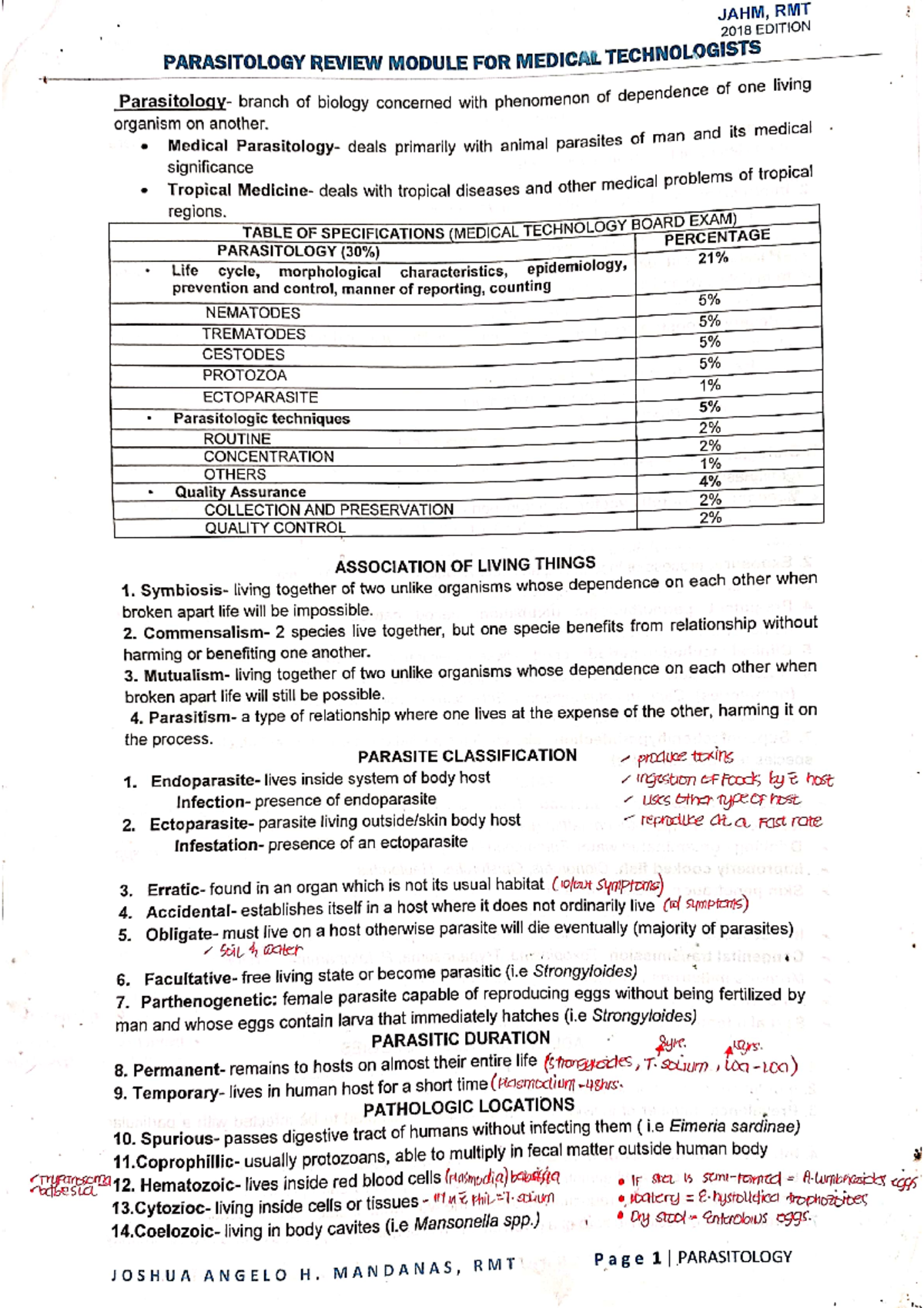 Parasitology Review - Medical Technology - SWU - Studocu