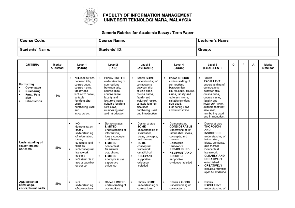 Academic Essay Rubrics - FACULTY OF INFORMATION MANAGEMENT UNIVERSITI ...