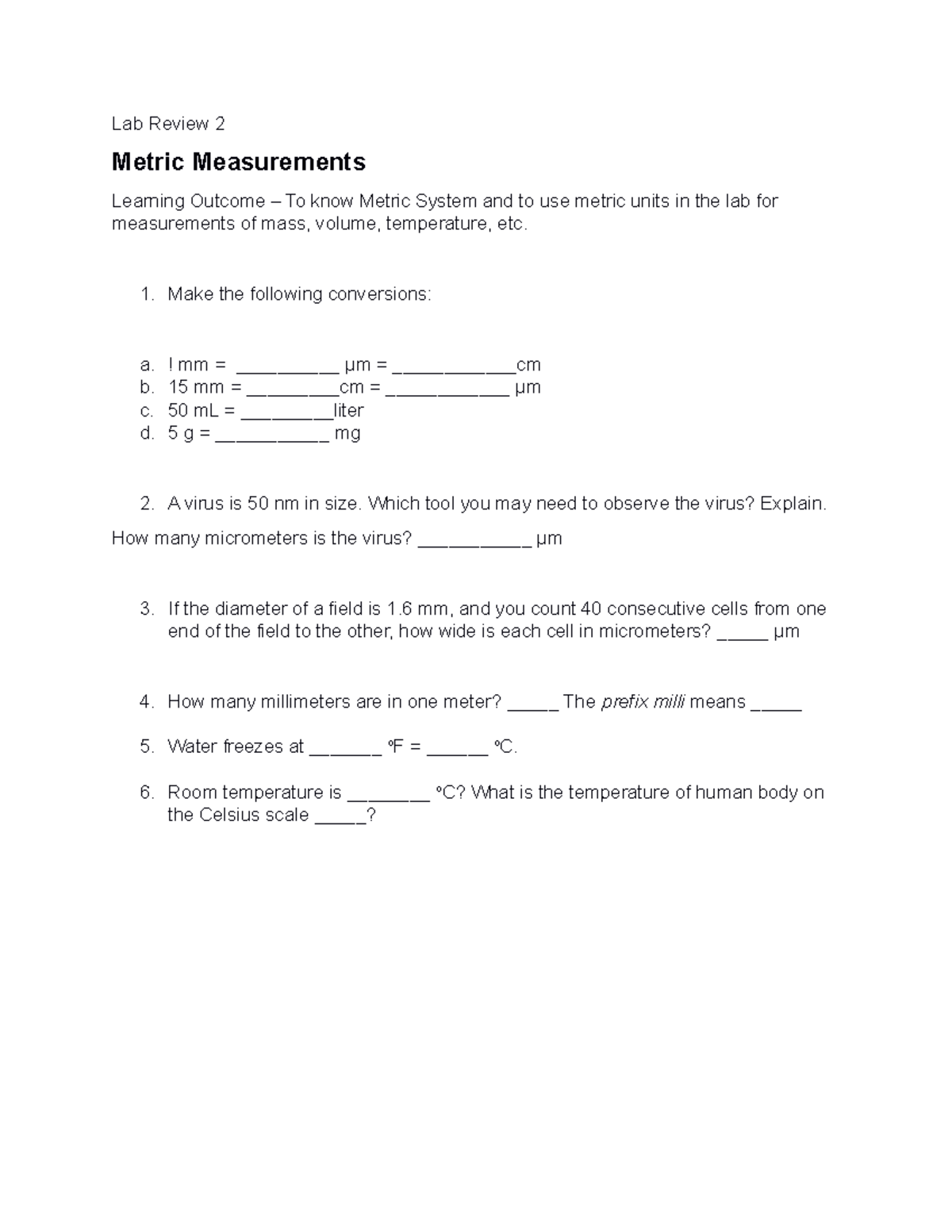 Lab Review 2 Microbiology Lab - Lab Review 2 Metric Measurements ...