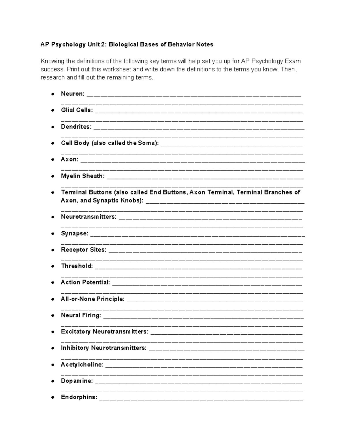AP Psychology Unit 2 Biological Bases of Behavior Notes - Print out ...