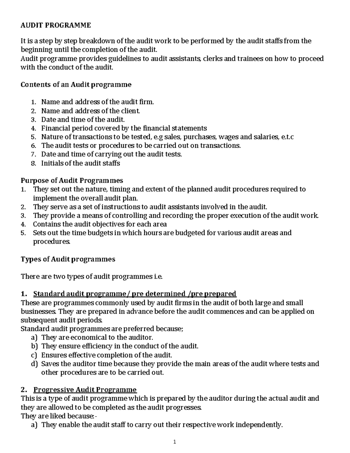 Auditing Notes - AUDIT PROGRAMME It is a step by step breakdown of the ...