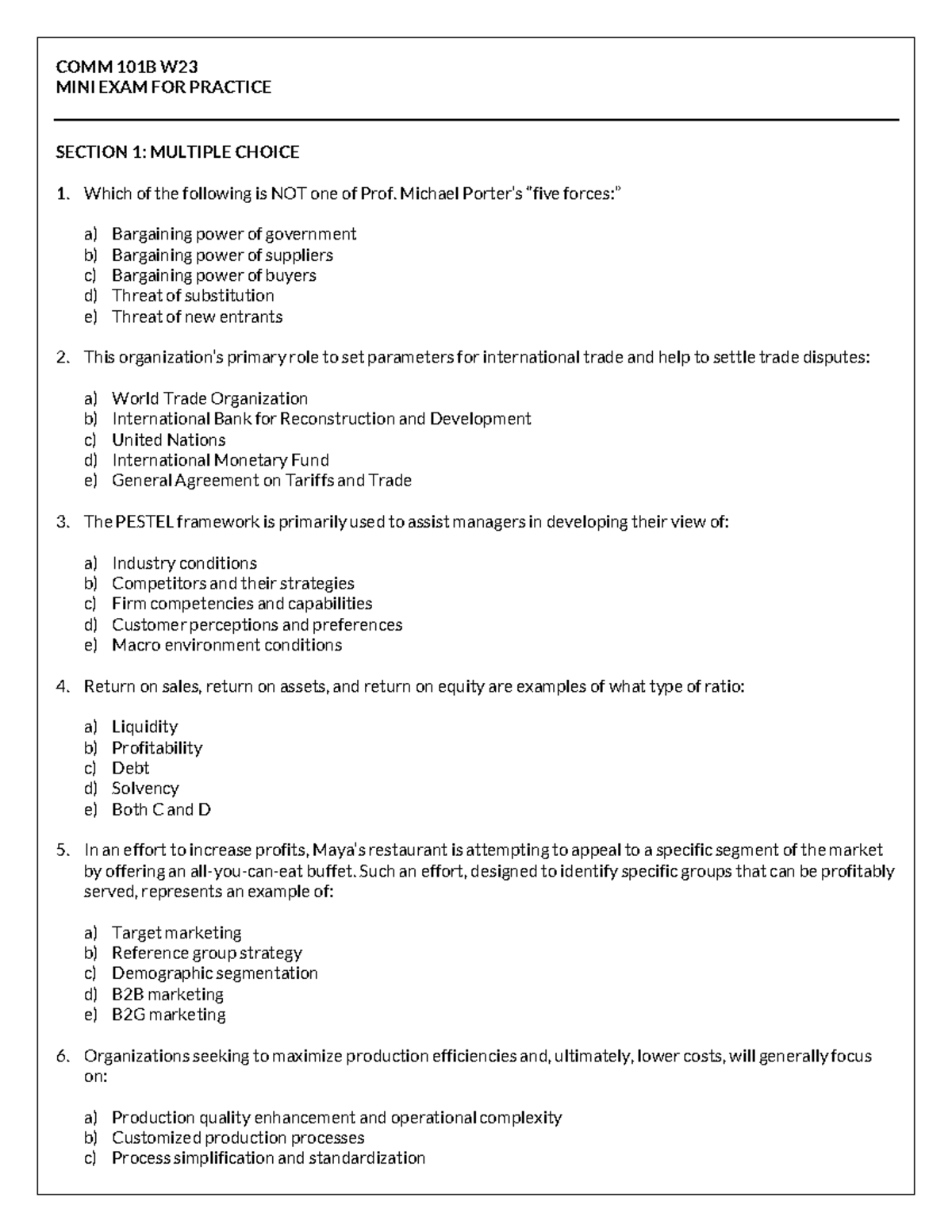 COMM 101- Mini Exam for Practice - COMM 101B W MINI EXAM FOR PRACTICE ...