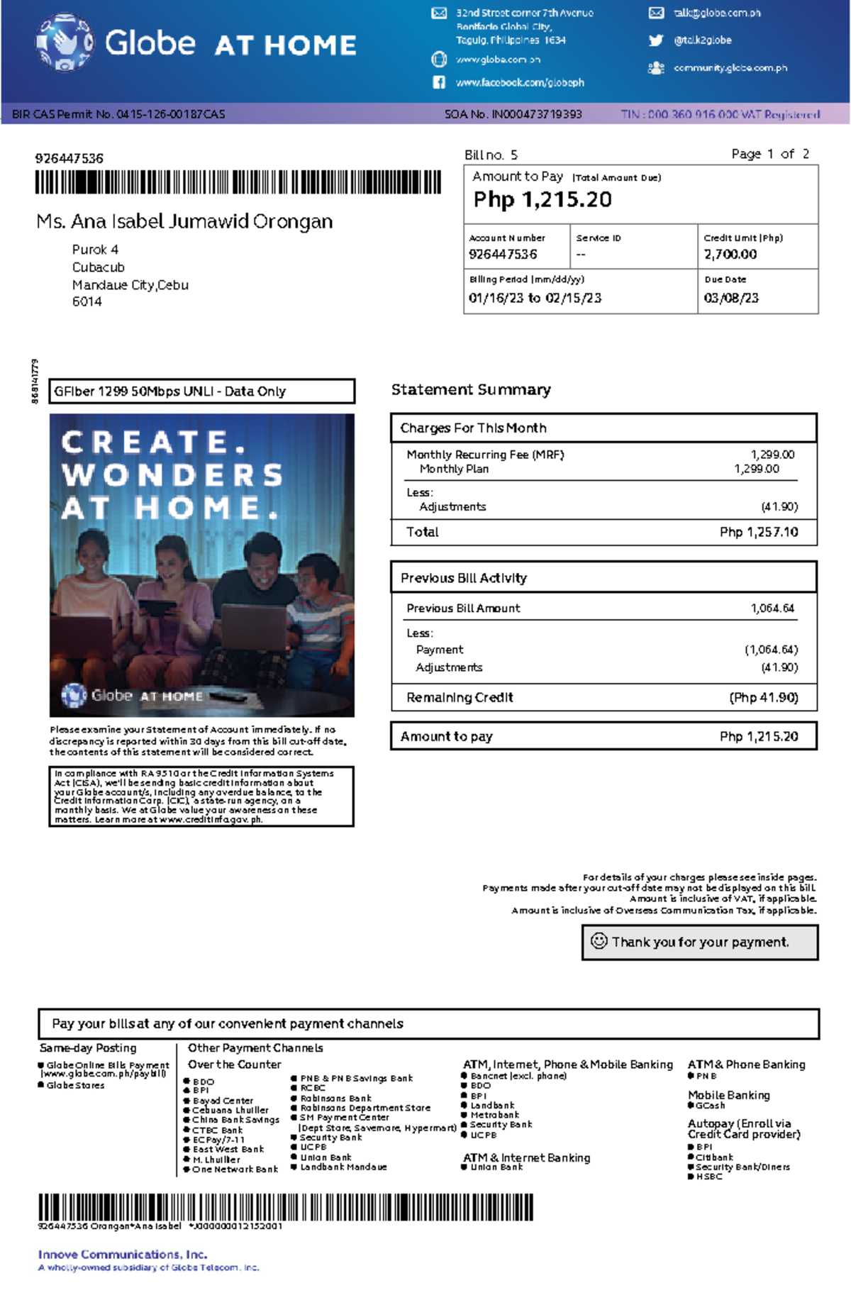 Globe bill 926447536 - Bill - 926447536 Page 1 of 2 Í ...