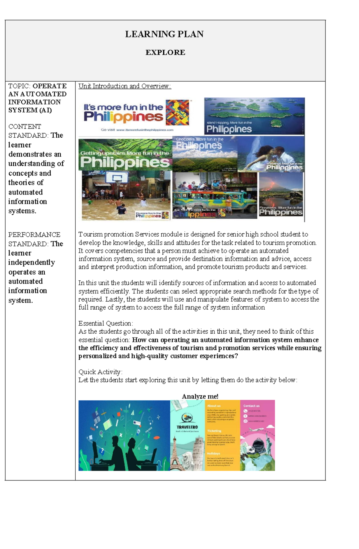 Tourism Learning PLAN - very helpful - LEARNING PLAN EXPLORE TOPIC ...