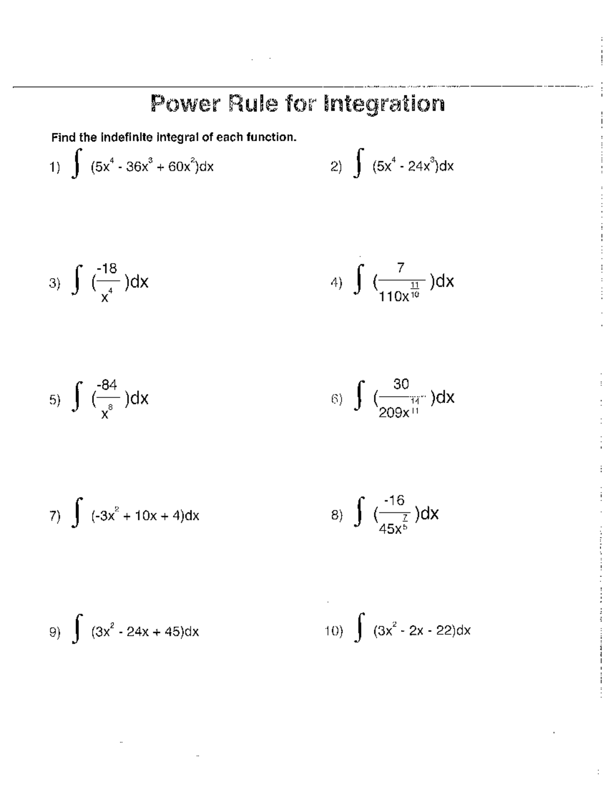 HPC Integral Worksheet 1-1 - Power Rule for Integration Find the indefinite integral of each ...
