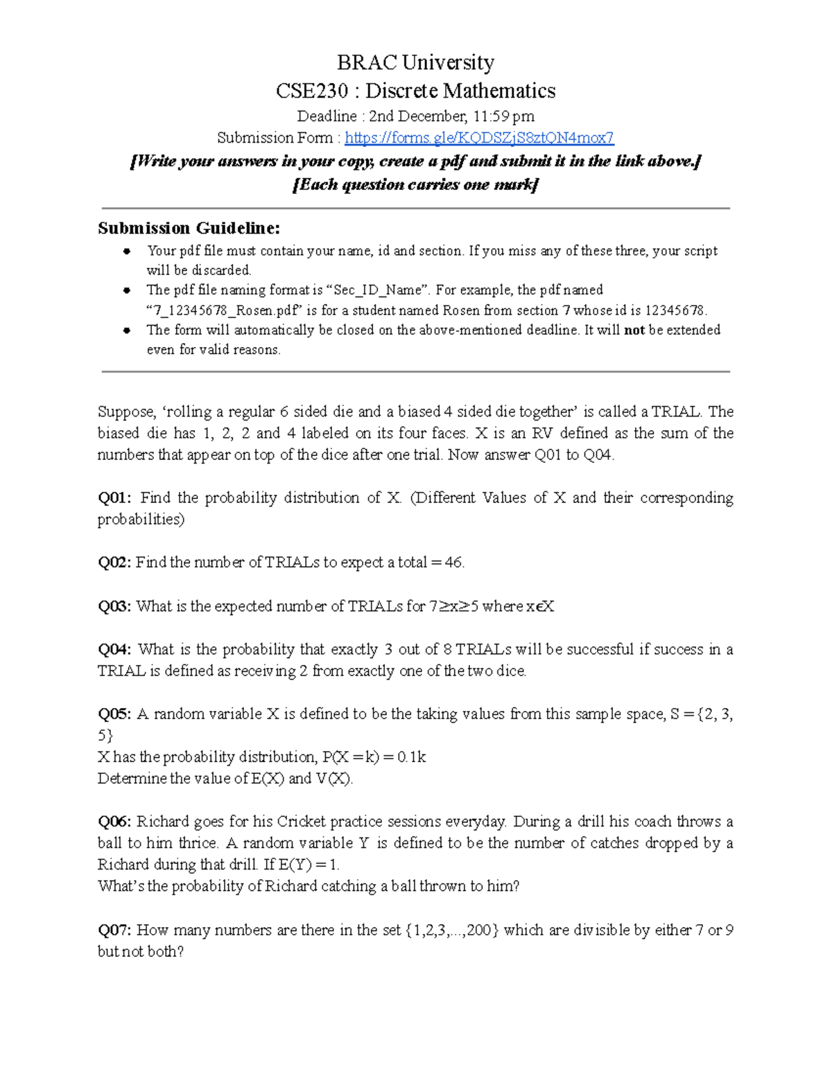 CSE230 Bonus Assignment Fall 2022 - BRAC University CSE230 : Discrete Mathematics Deadline : 2nd ...