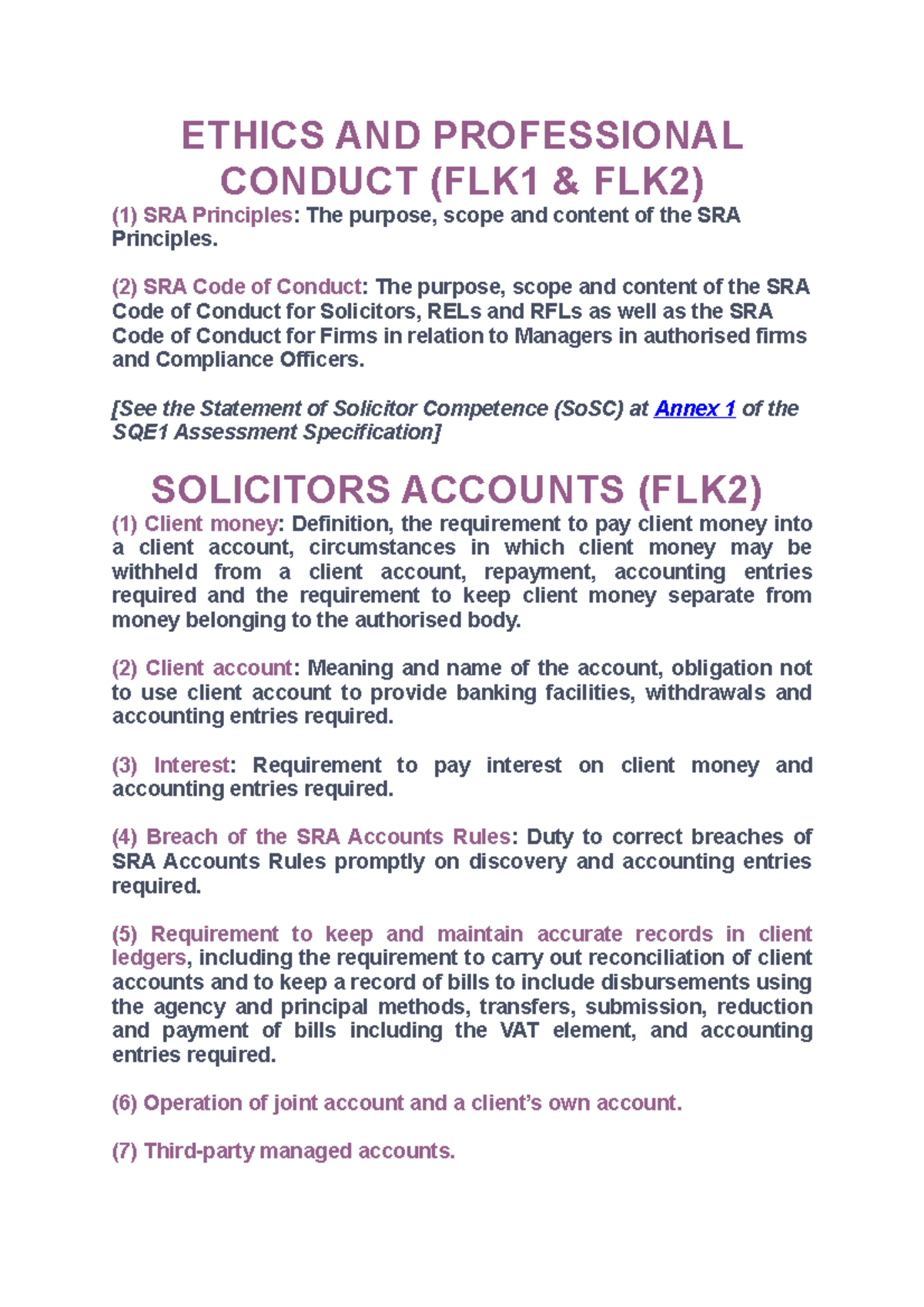 FLK 2 - Summary - ETHICS AND PROFESSIONAL CONDUCT (FLK1 & FLK2) (1) SRA ...