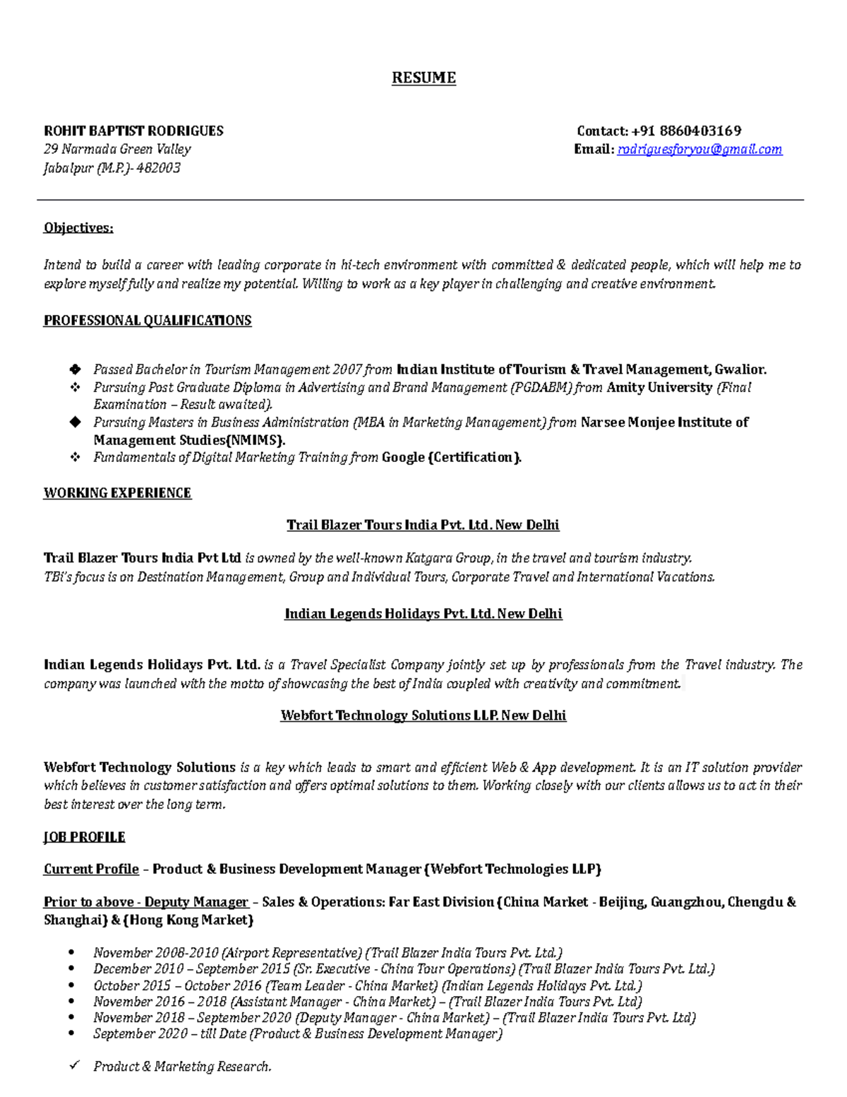 Resume- Rohit+ Baptist+ Rodrigues - RESUME ROHIT BAPTIST RODRIGUES ...
