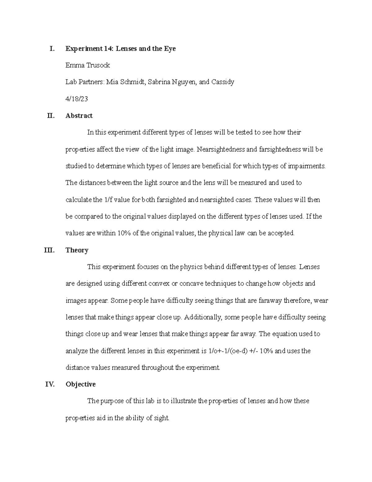 Experiment 14 Lenses and the Eye - I. Experiment 14: Lenses and the Eye ...