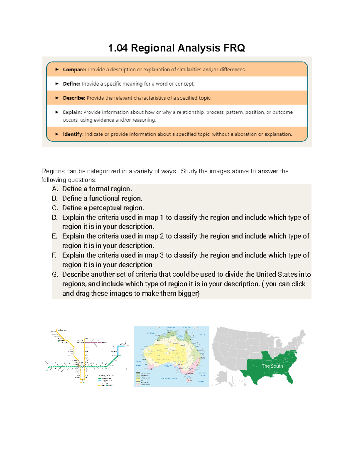 1.04 v2 - Summary and review - 1 Regional Analysis FRQ Regions can be categorized in a variety ...