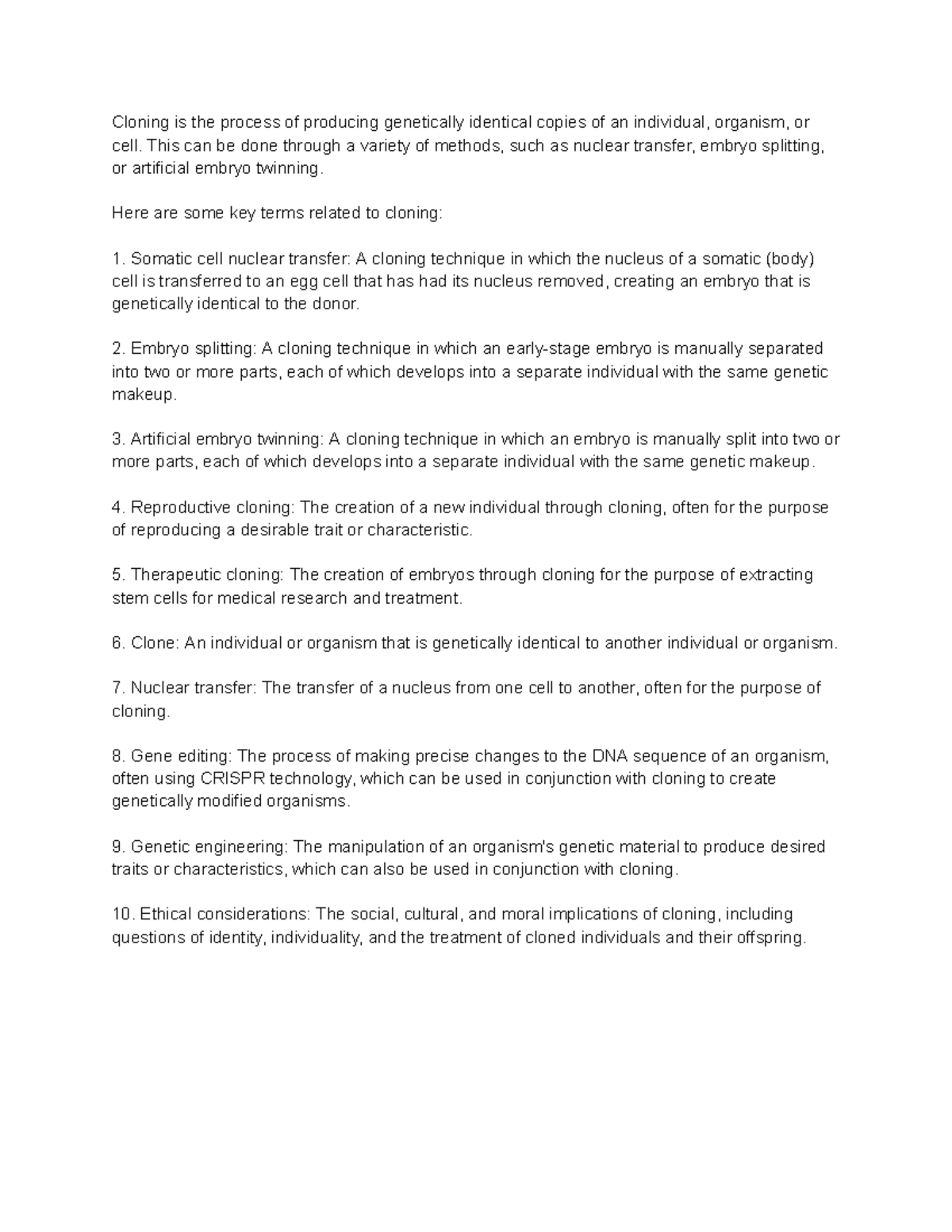 Untitled document - exam notes - Cloning is the process of producing ...