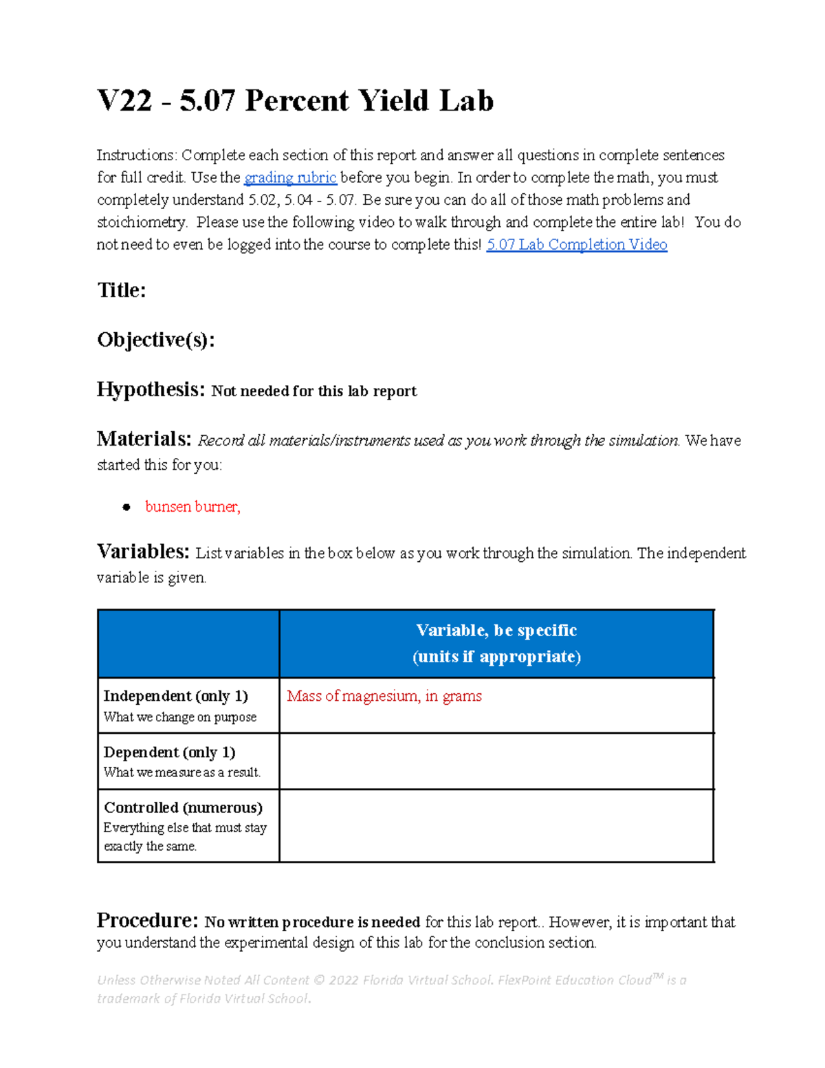 Copy of 5.07 Percent Yield Lab Report - V22 - 5 Percent Yield Lab ...