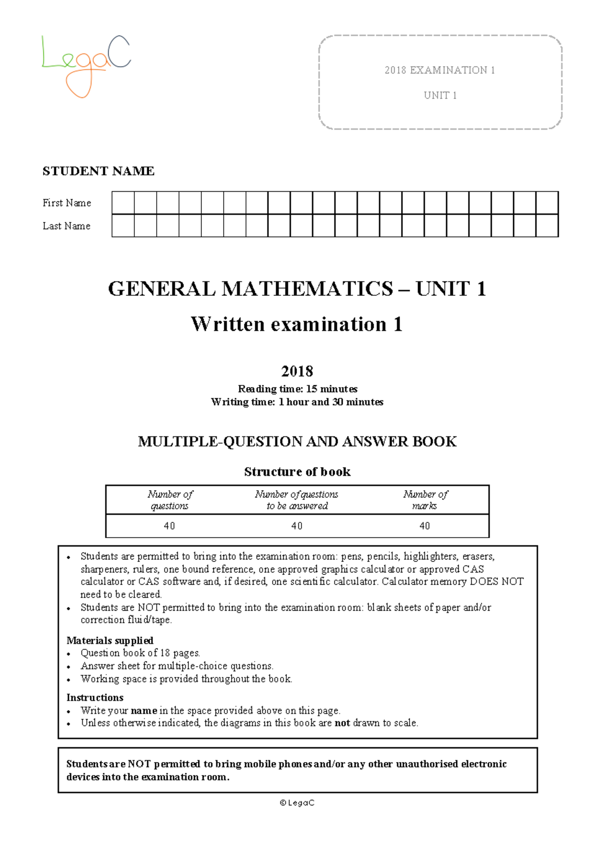 2018 GM1 Exam1 paper WGS - STUDENT NAME First Name Last Name GENERAL ...
