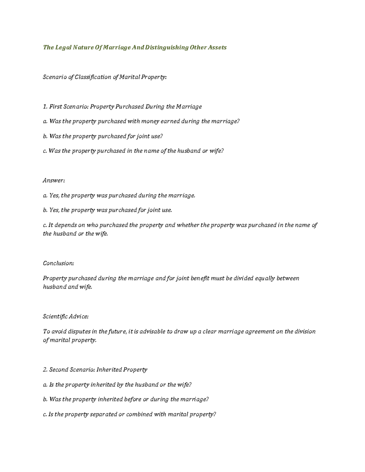 Family and matrimonial law case scenario 5 - The Legal Nature Of ...