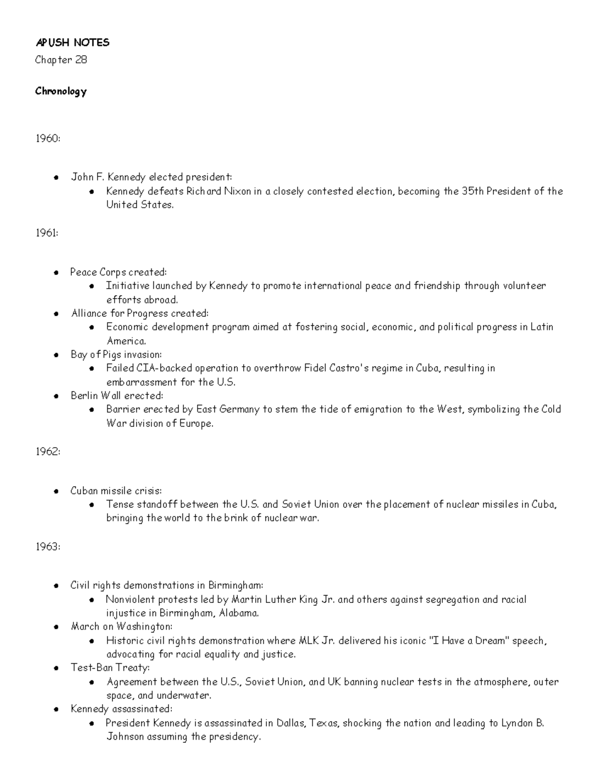 Chapter 28 29 notes - APUSH NOTES Chapter 28 Chronology 1960: John F ...