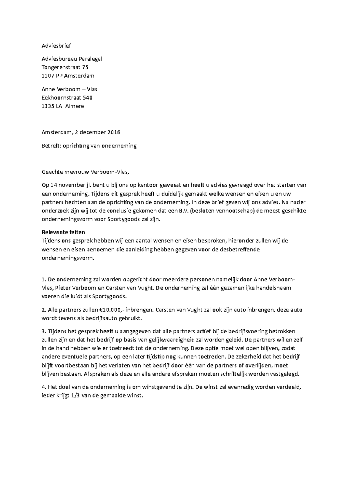 Adviesbrief onderneming (B.V.)- project paralegal - Adviesbrief ...