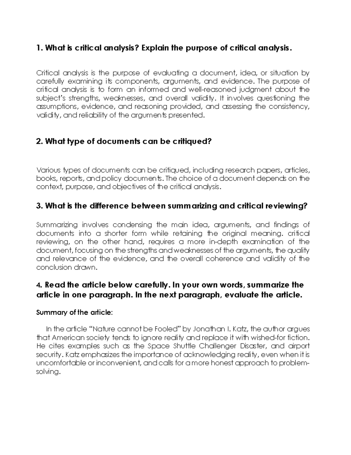 Assignment 12 - 1. What is critical analysis? Explain the purpose of ...