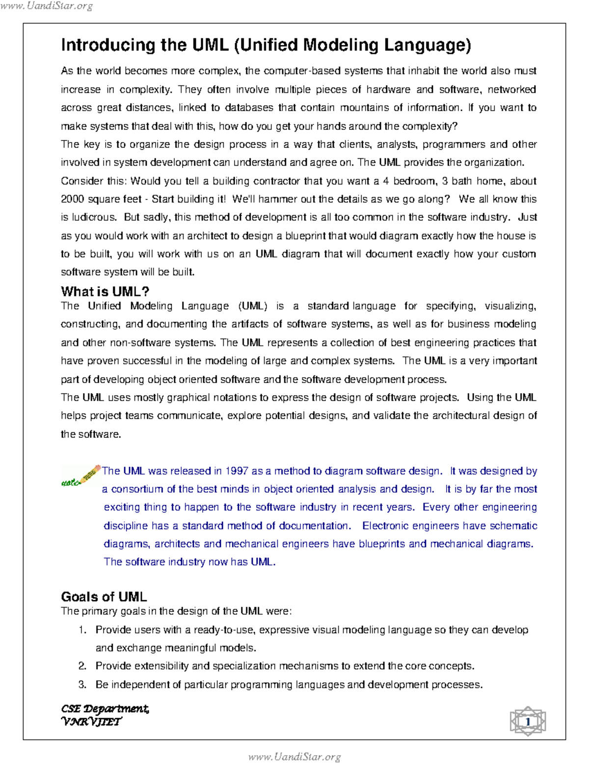 UML Complete Notes - CSE Department, VNRVJIET 1 Introducing the UML ...
