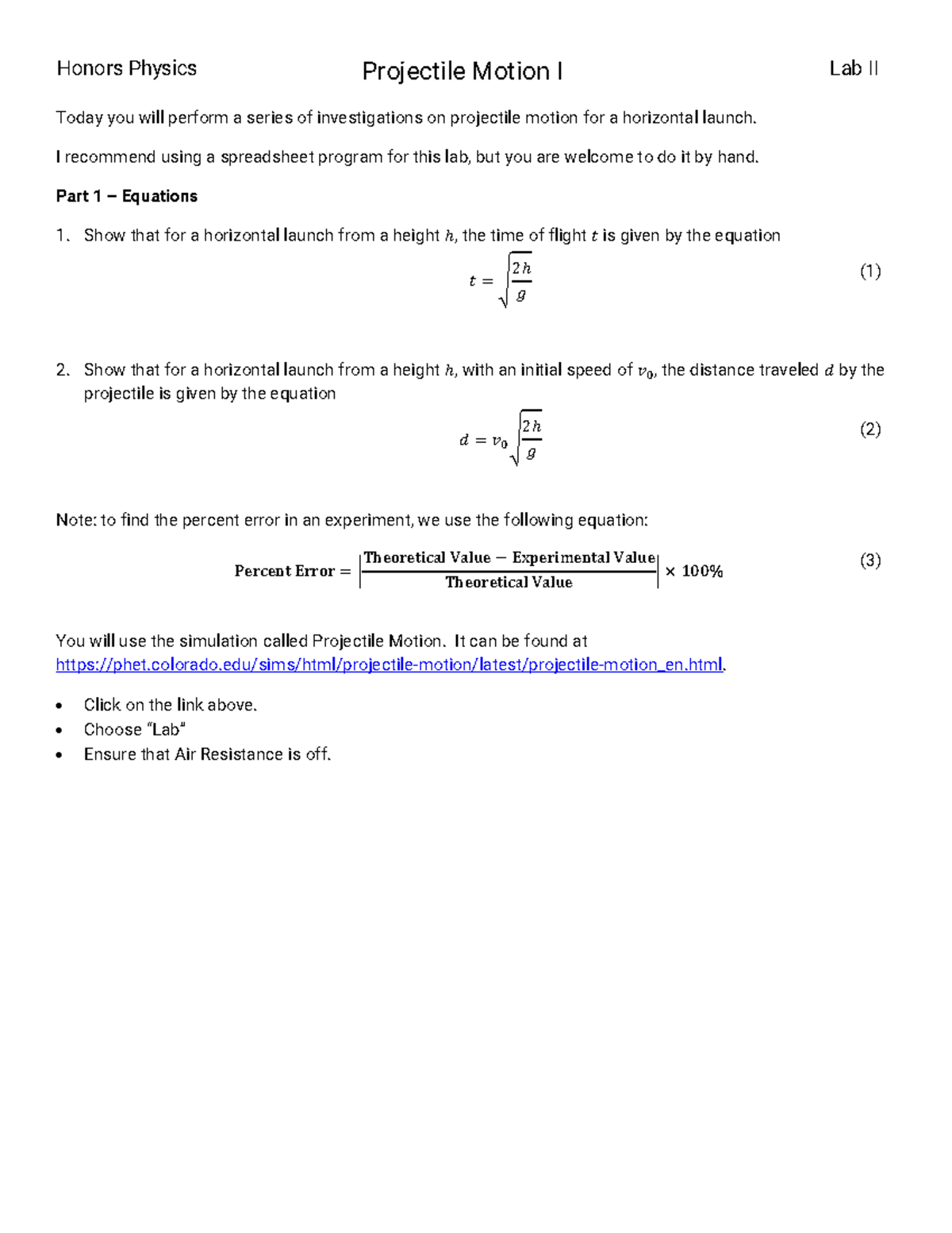 HPhys L2 Projectile Motion I - Honors Physics Projectile Motion I Lab ...