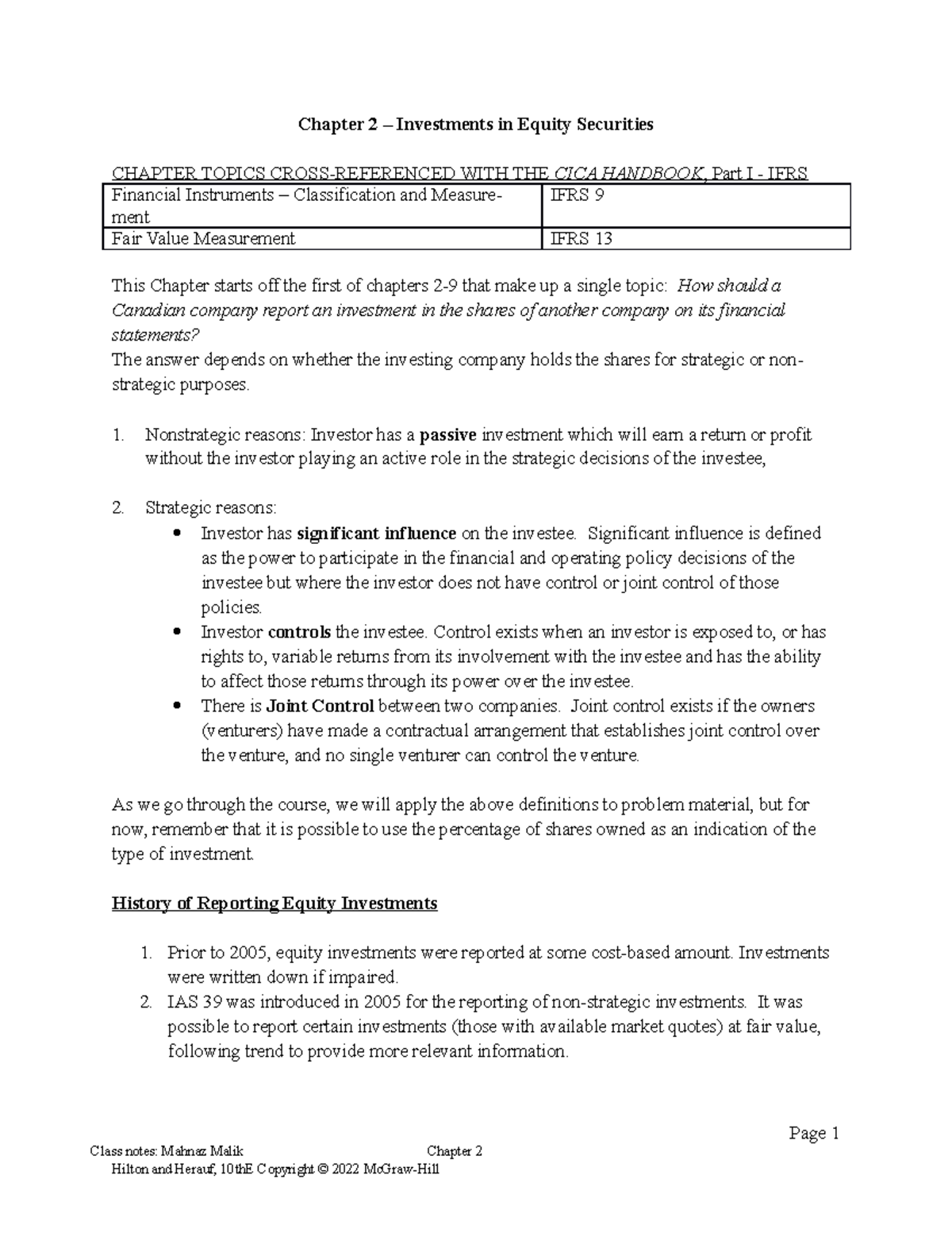 Class Ch 2 notes - Chapter 2 – Investments in Equity Securities CHAPTER ...