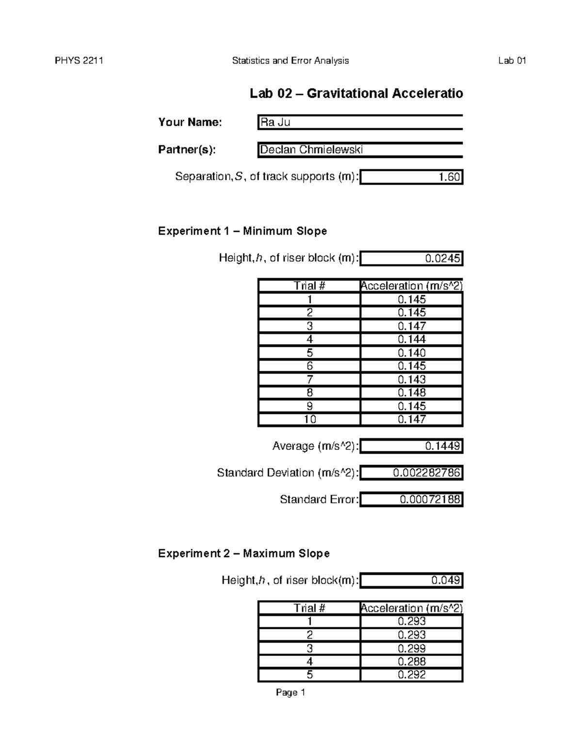 Physic Lab02 - Your Name: Partner(s): Separation,S , of track supports ...