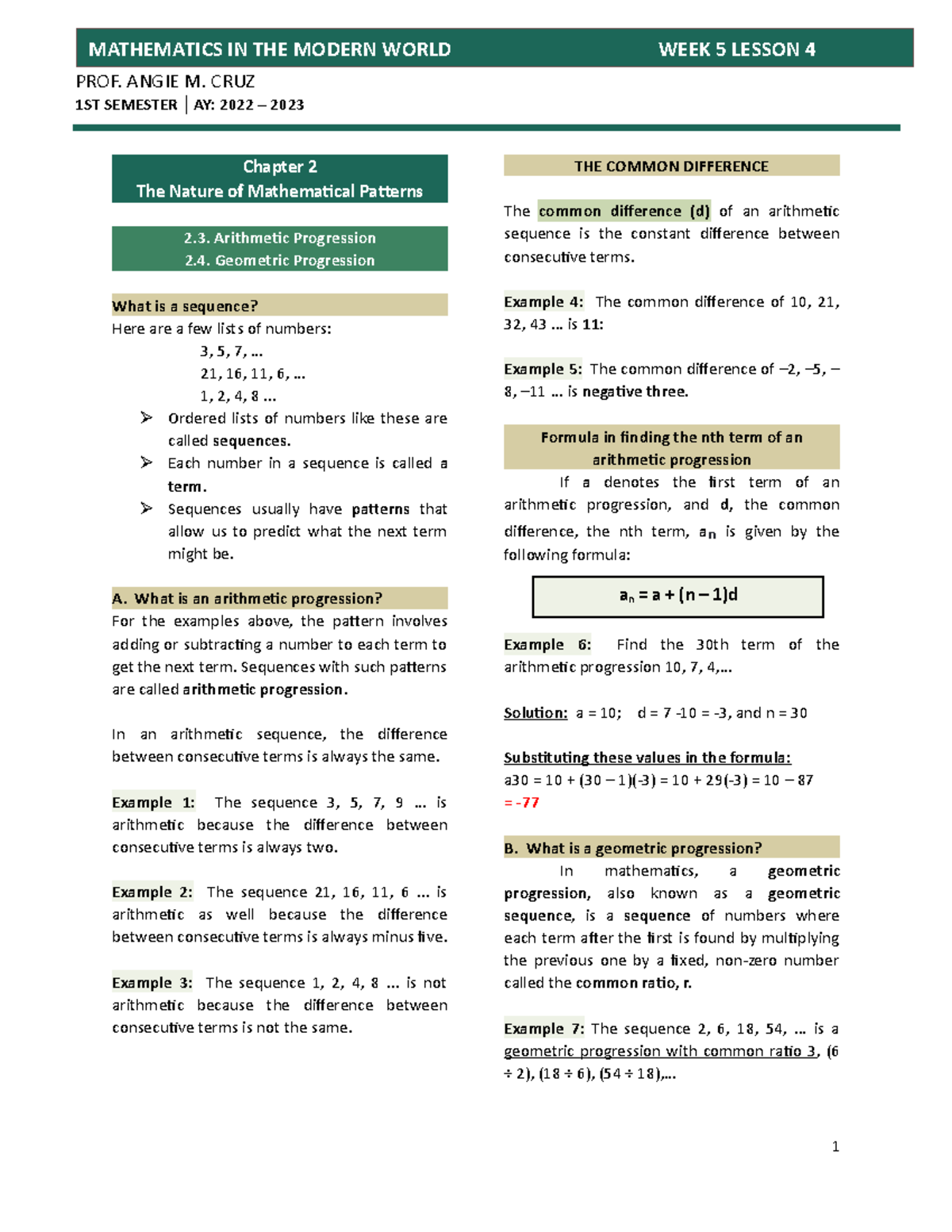 Notes- Lesson 4 ARI-GEO Sequence - MATHEMATICS IN THE MODERN WORLD WEEK ...
