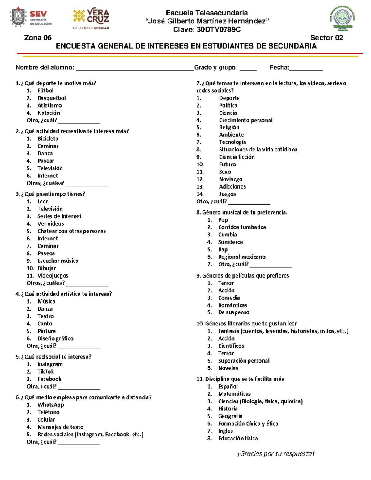 Encuesta General de Intereses de Estudiante - Escuela Telesecundaria ...