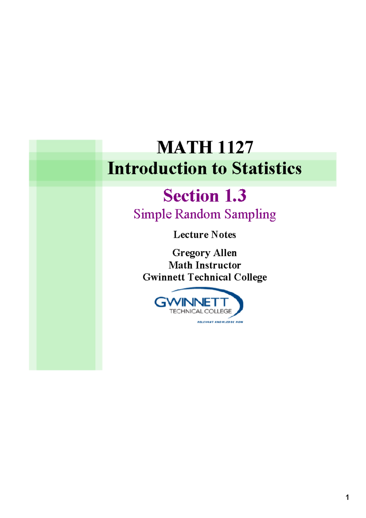 Math1127 lecture ch. 1.3 simple random sampling - completed - MATH1127 ...