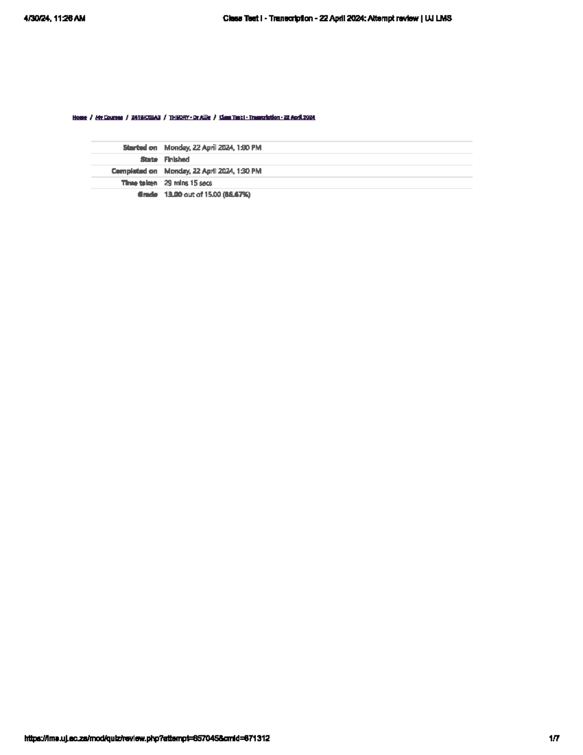 Class Test - BICH1A1 - Studocu