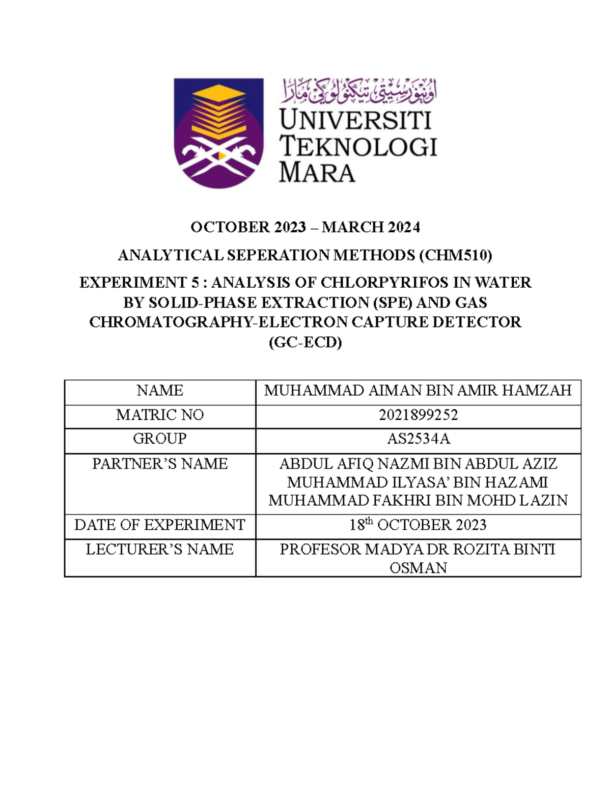 LAB Report EXP5 CHM510 - ANALYSIS OF CHLORPYRIFOS IN WATER BY SOLID-PHASE EXTRACTION (SPE) AND ...