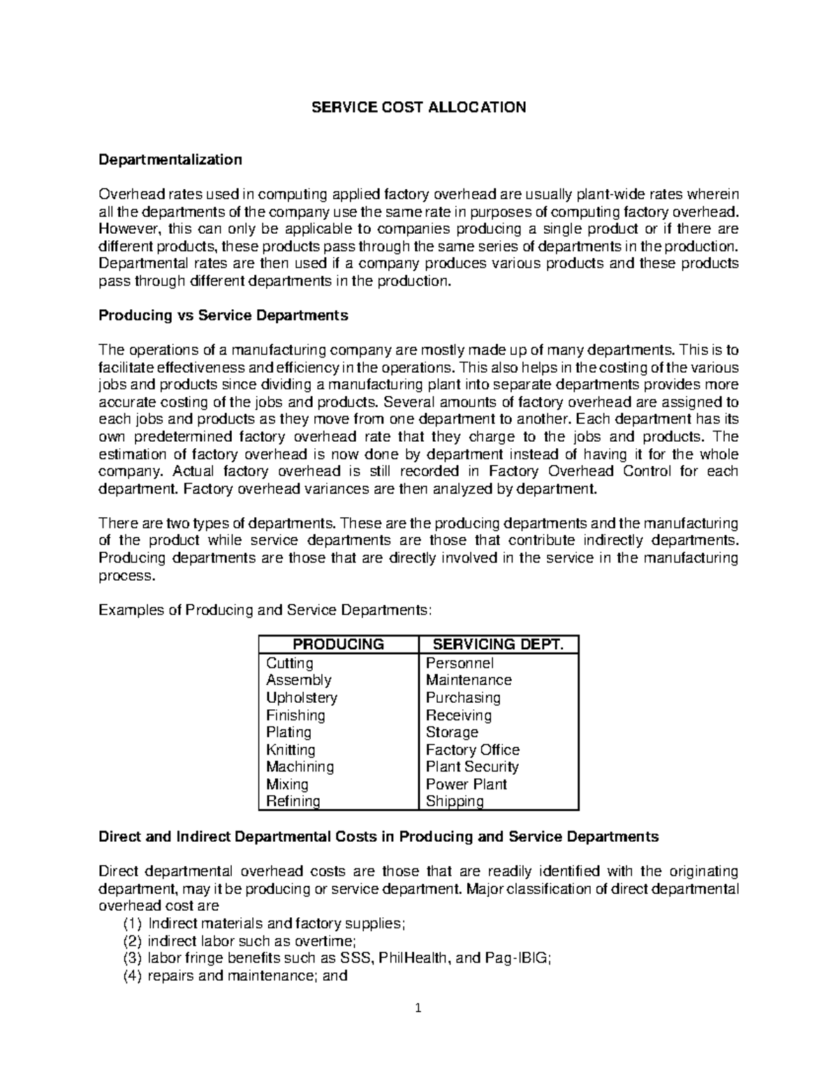 Service Cost Allocation Notes - SERVICE COST ALLOCATION ...