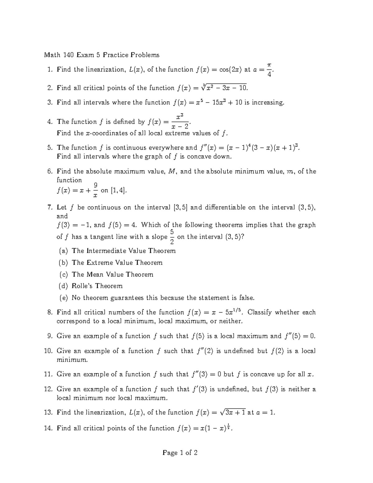 Exam 5 Sample Problems - MATH140-Duval - Math 140 Exam 5 Practice Problems Find the - Studocu