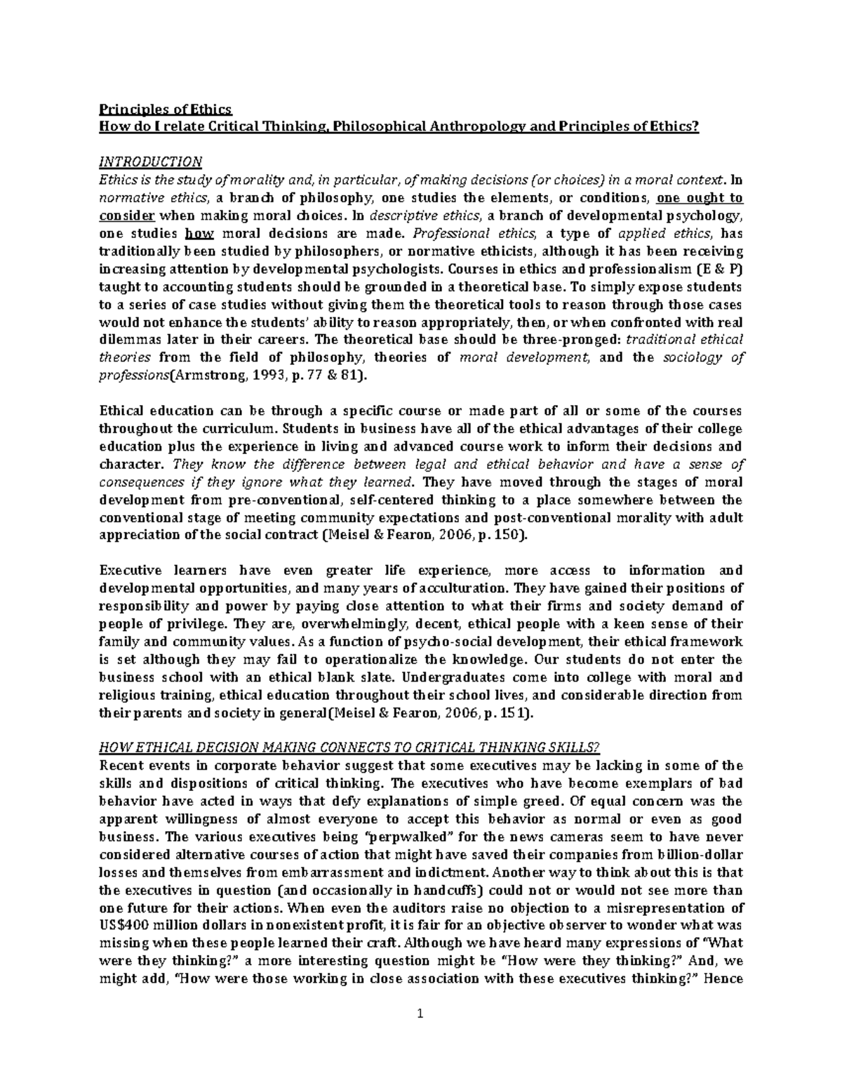 Ethics and PA - 1 Principles of Ethics How do I relate Critical ...