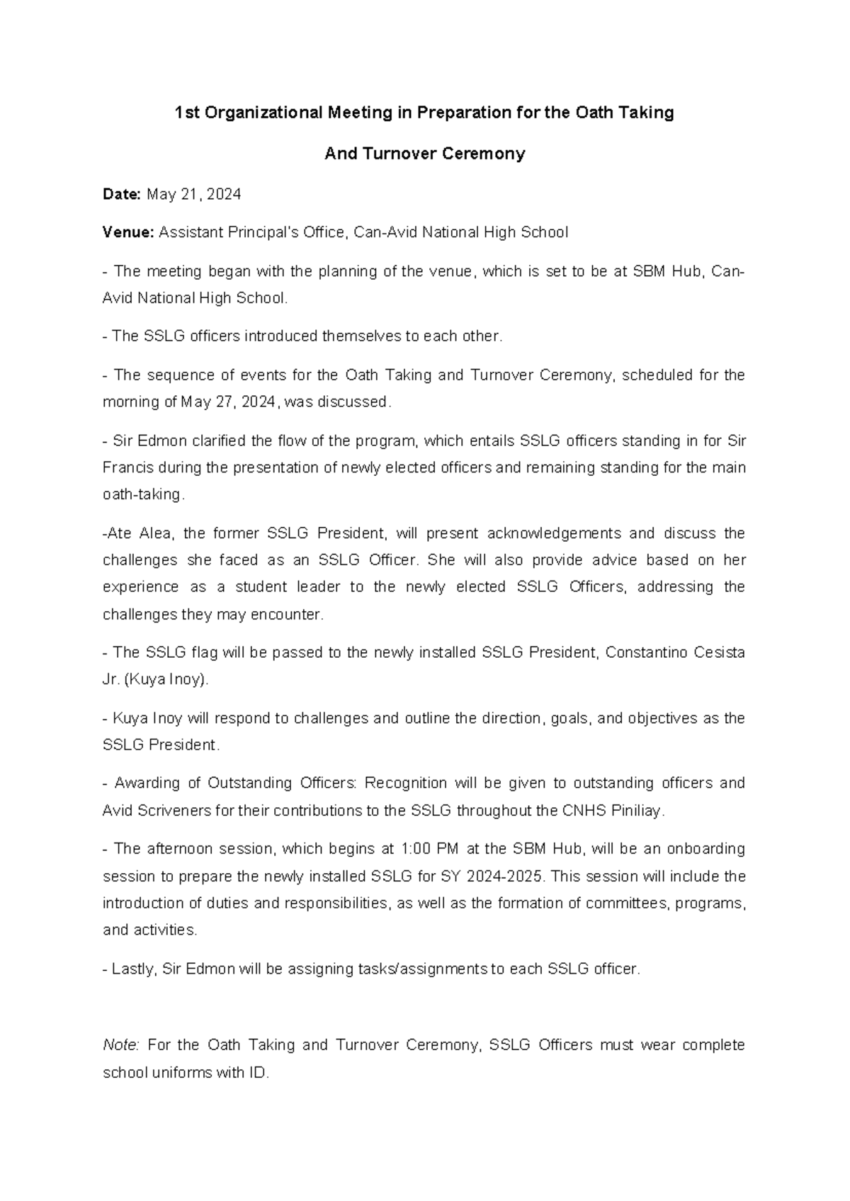 1st Organizational Meeting in Preparation for the Oath Taking - The ...