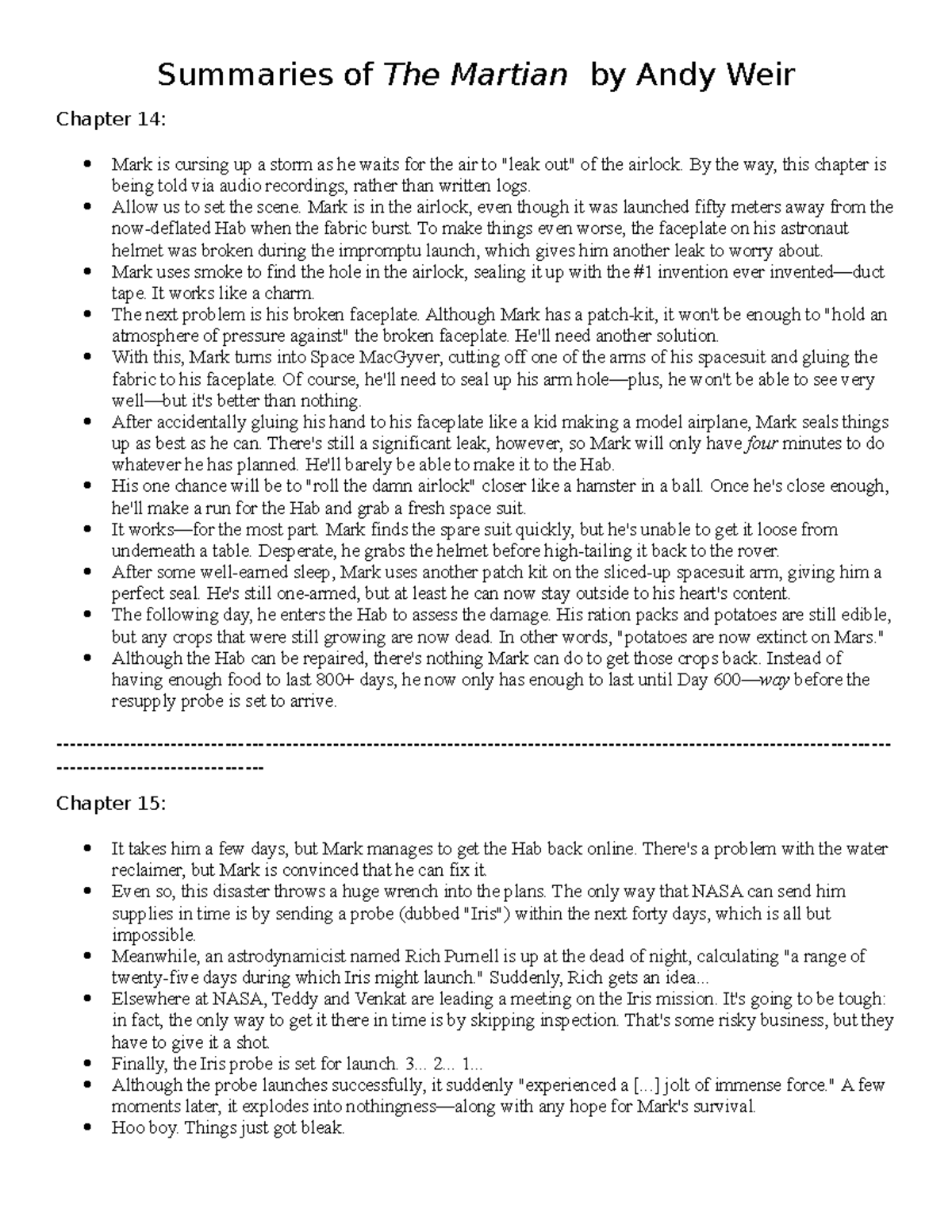 Chapters 14 through 25 Summaries - Summaries of The Martian by Andy ...