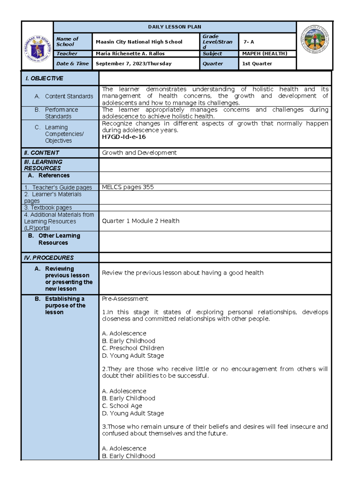 Health september 7 - This is lesson plan - DAILY LESSON PLAN Name of ...