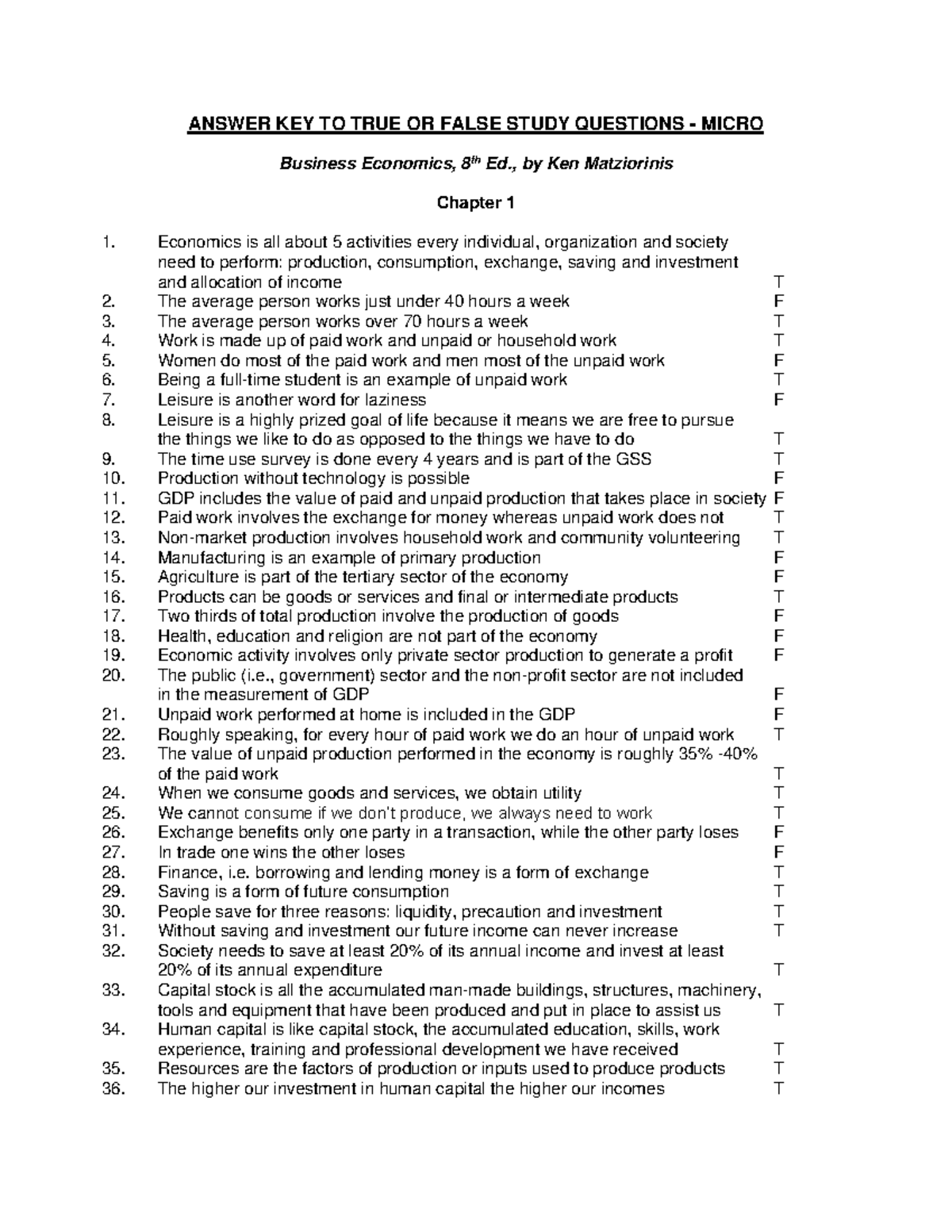 Answer KEY TO TRUE OR False Study Questions Micro BUS ECON 8th Ed - ANSWER KEY TO TRUE OR FALSE ...