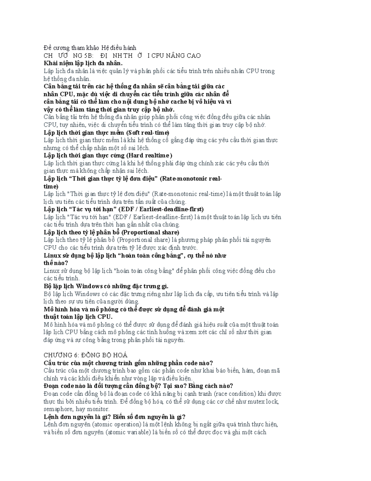 Đề cương tham khảo Hệ điều hành - Đề cương tham khảo Hệ điều hành CH ƯƠ ...