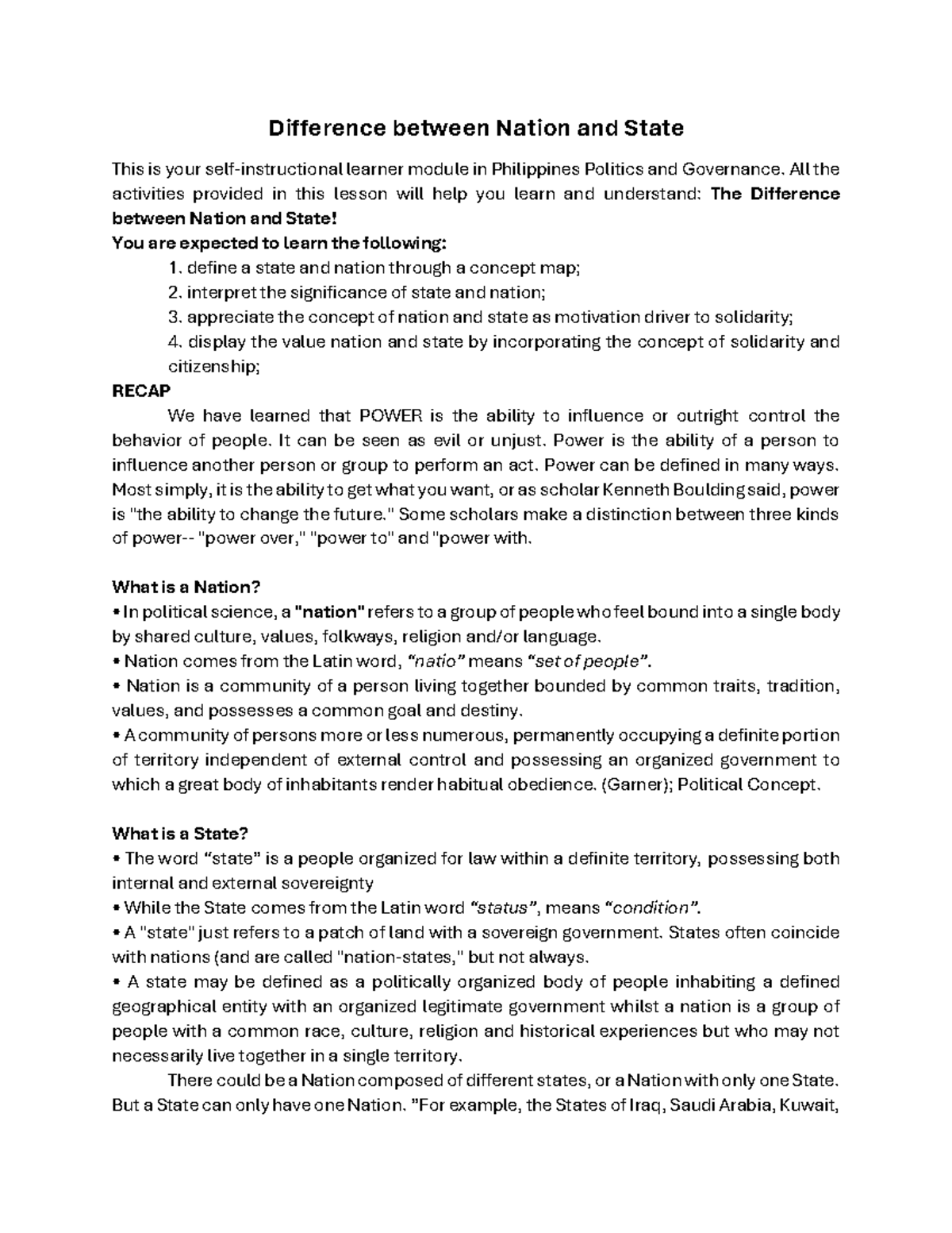 Difference between Nation and State - All the activities provided in ...