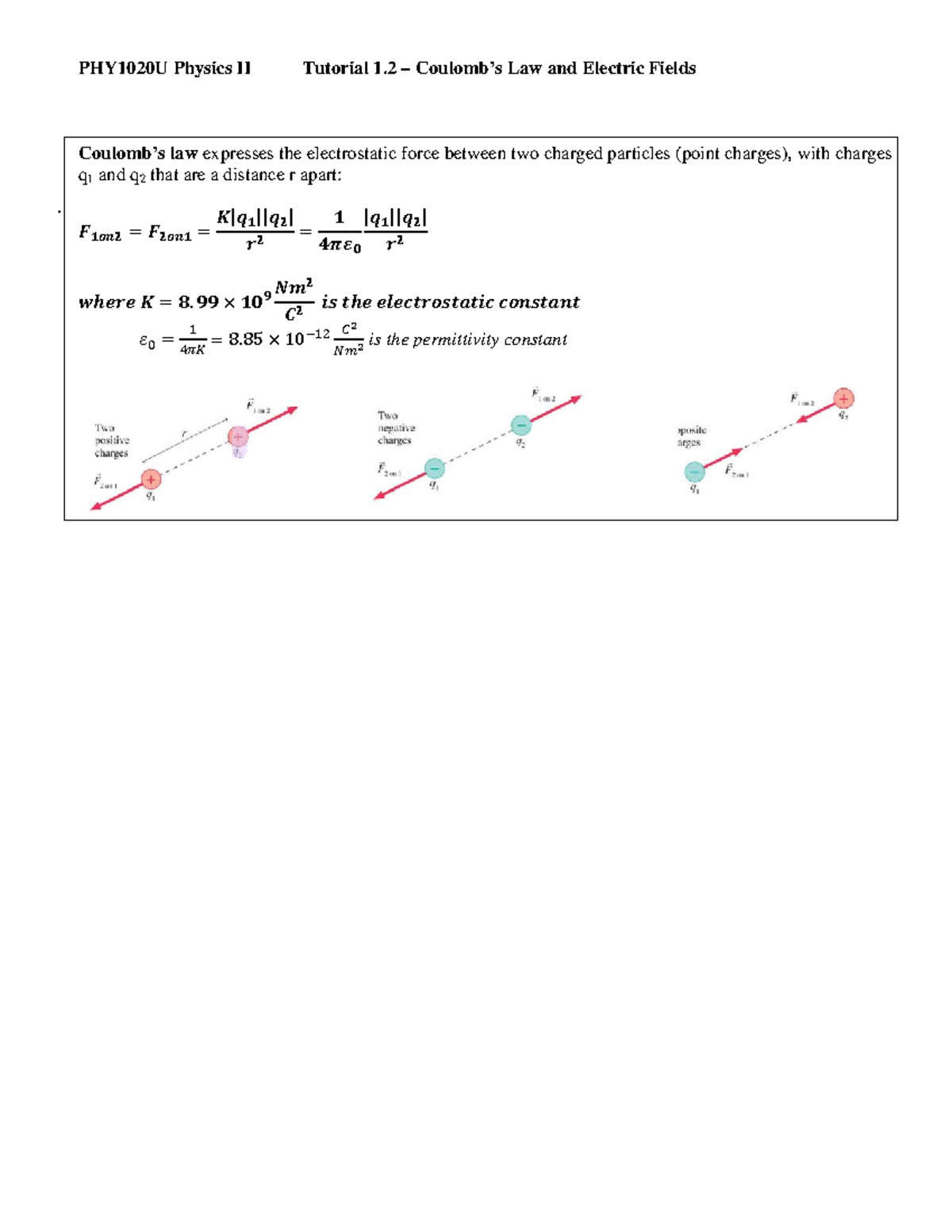 T1 - Lecture notes 1,2 - PHY1020U Physics II Tutorial 1 – Coulomb’s Law ...