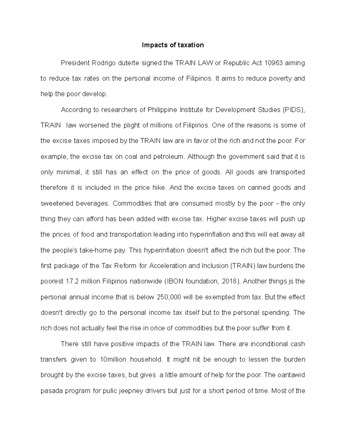 Train law 2 - econ - Impacts of taxation President Rodrigo duterte ...