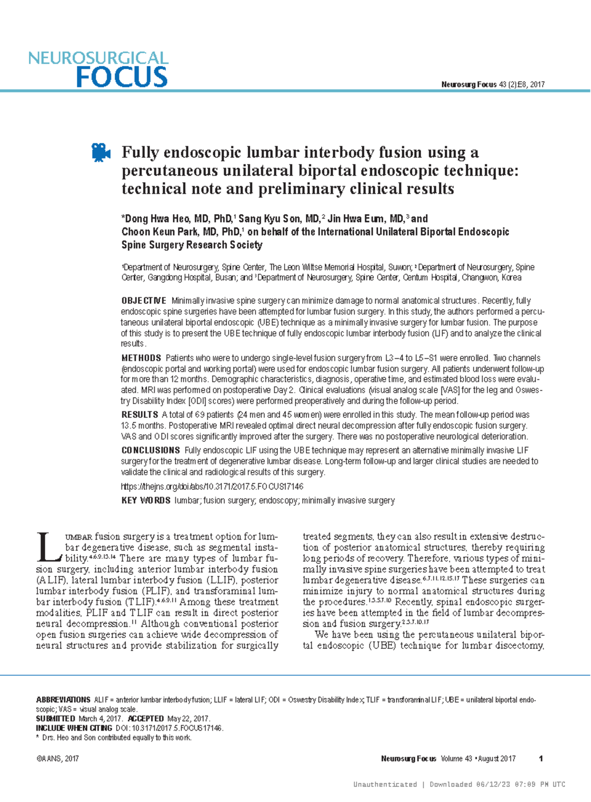 Neurosurg focus article p E8 - NEUROSURGICAL FOCUS Neurosurg Focus 43 ...