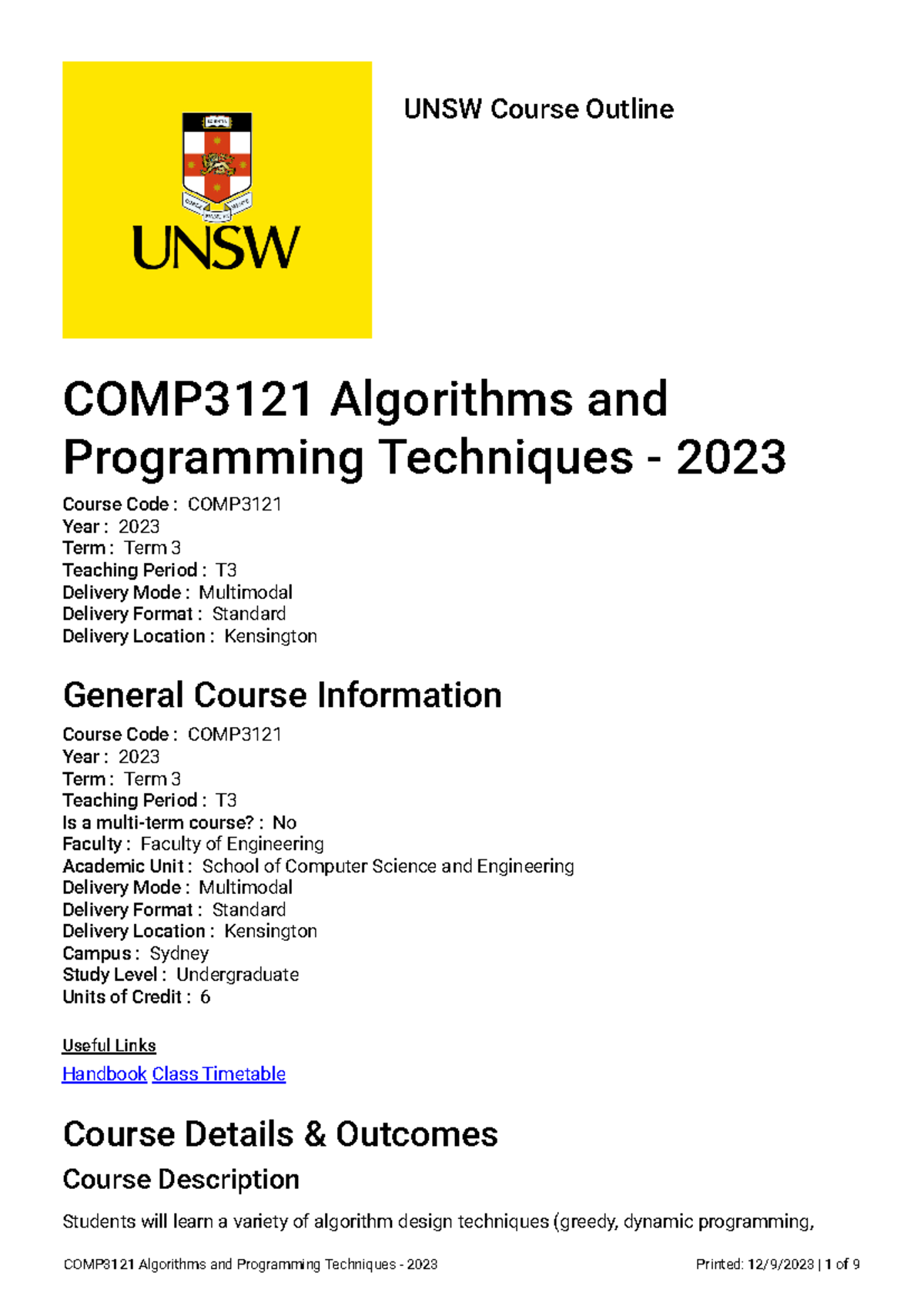 CO COMP3121 1 2023 Term 3 T3 Multimodal Standard Kensington - UNSW Course Outline COMP3121 - Studocu